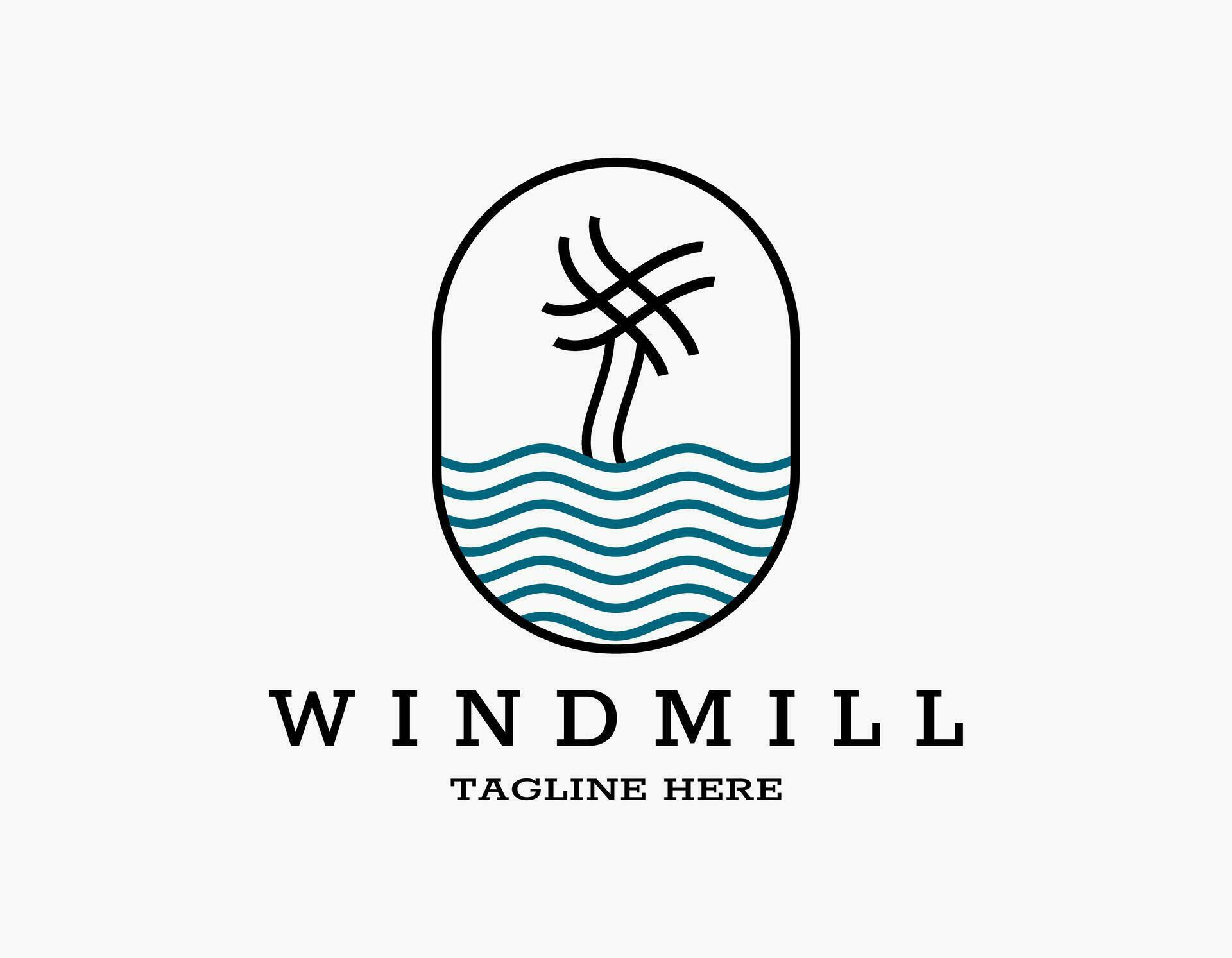Retro and vintage design of a windmill. Minimal logo with windmill and waves sea or ocean. Lines ...