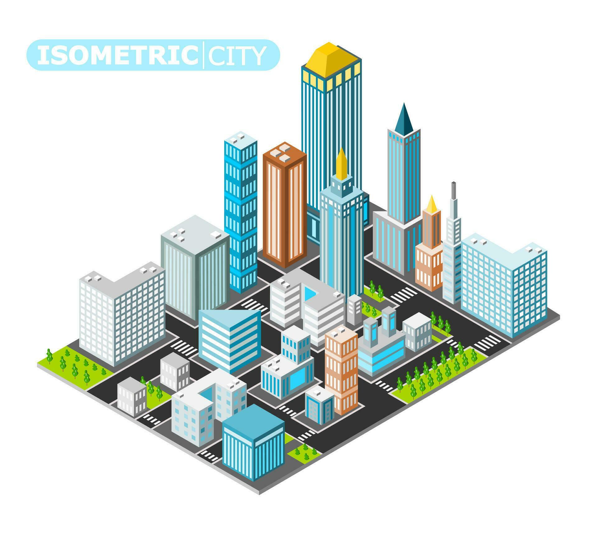 Megacity isometric design vector. Modern skyscraper, street, buildings, traffic, garden ...