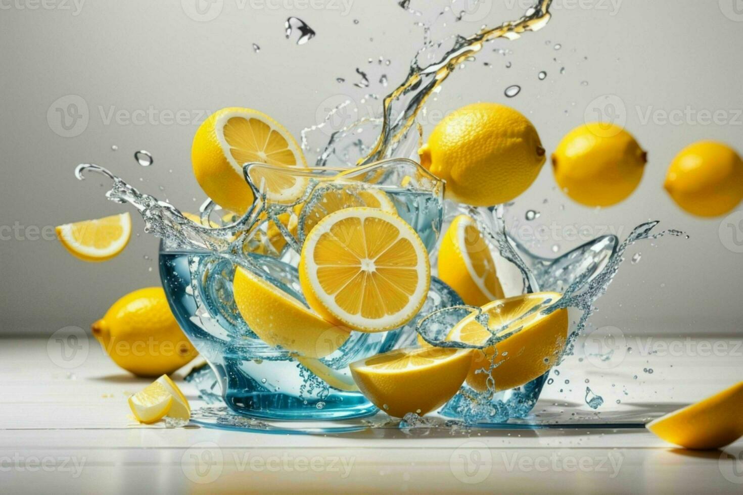 Photo of sliced Lemon with water splashes isolated on white background. Generative Ai Pro Photo ...
