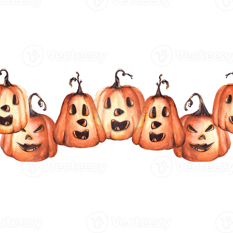 Smiling Pumpkins With Halloween Face Eyes Nose Stem Watercolor Seamless Borderpattern For