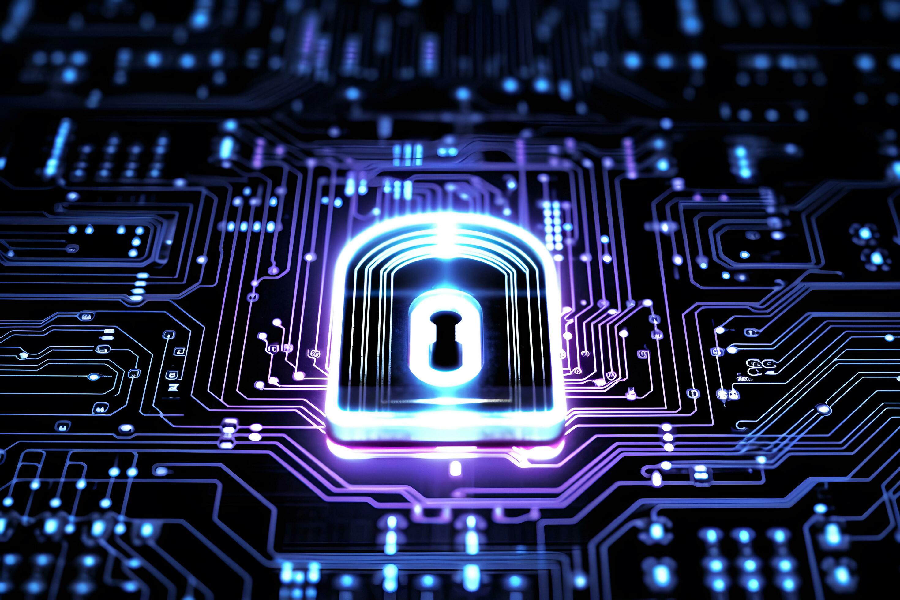 Lock in center of circuit pathways. Concept of data security, cybersecurity, encryption, etc ...