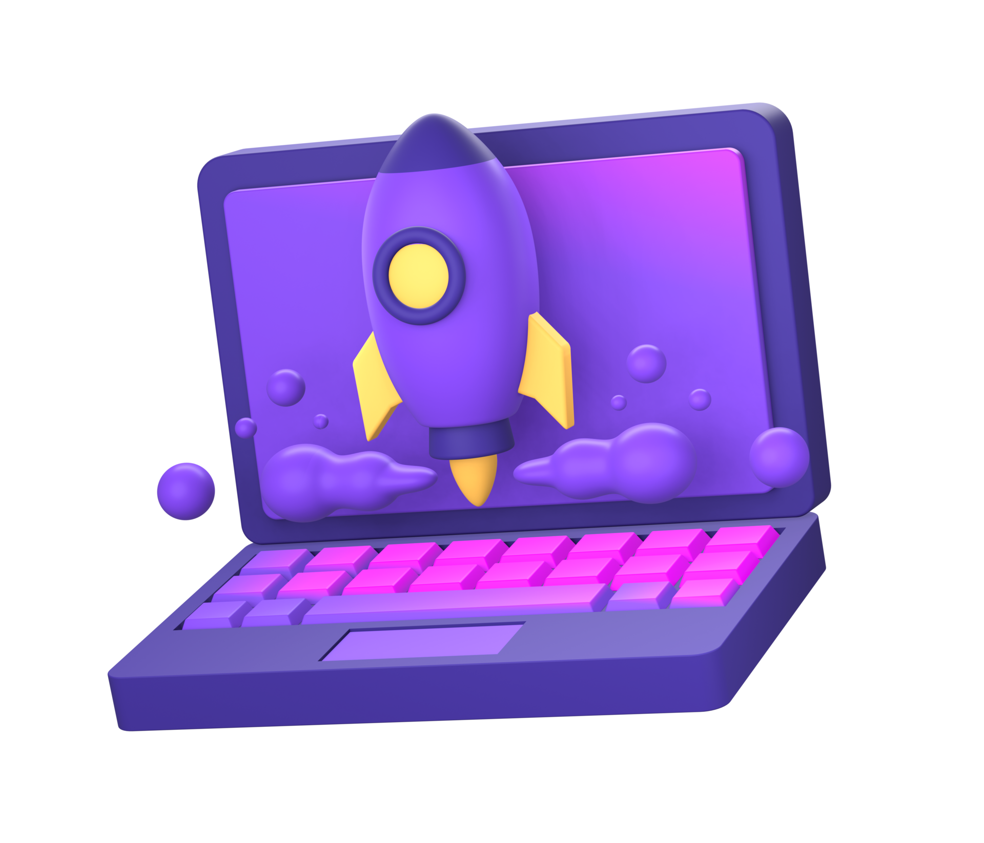 3d Purple Illustration Icon Of Simple Laptop With Spaceship Or Spacecraft Rocket Side For Ui Ux