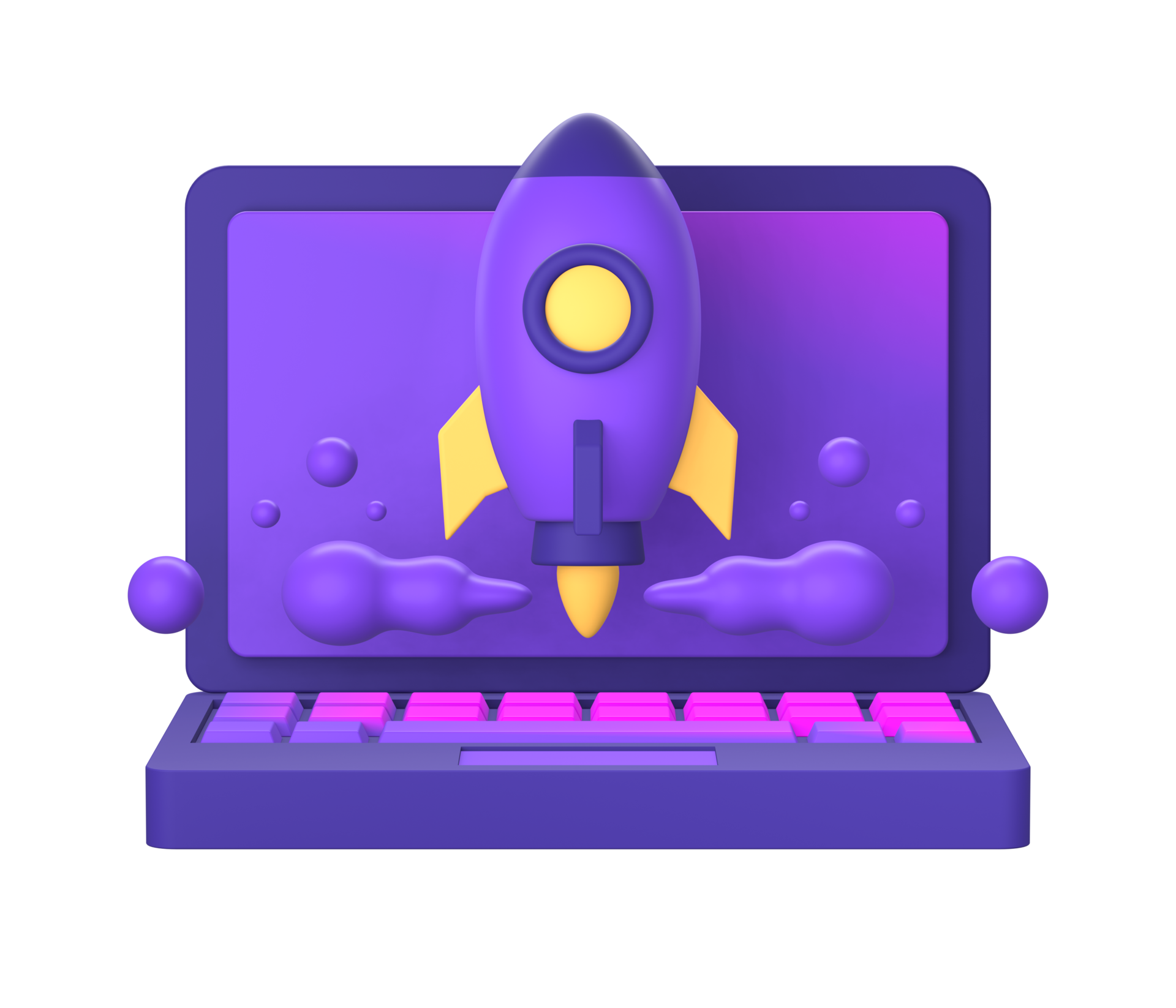 3d Purple Illustration Icon Of Simple Laptop With Spaceship Or Spacecraft Rocket For Ui Ux
