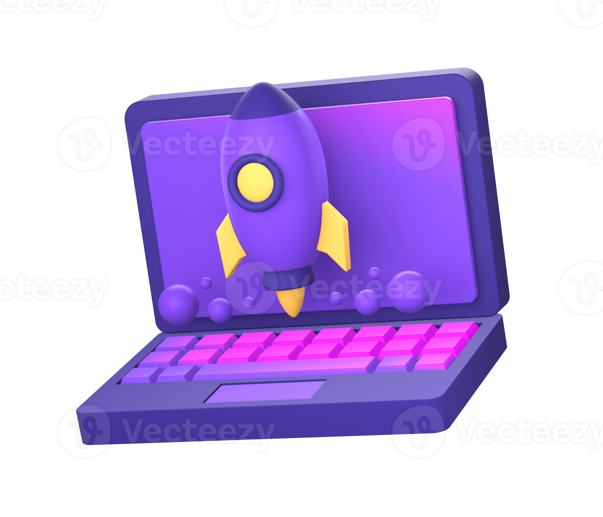 3d Purple Illustration Icon Of Laptop With Spaceship Or Spacecraft Rocket Side For Ui Ux Social