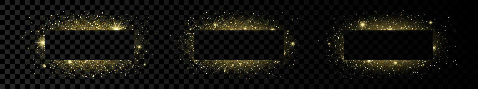 Set of three golden rectangle frames with glitter, sparkles and flares on dark background. Empty ...