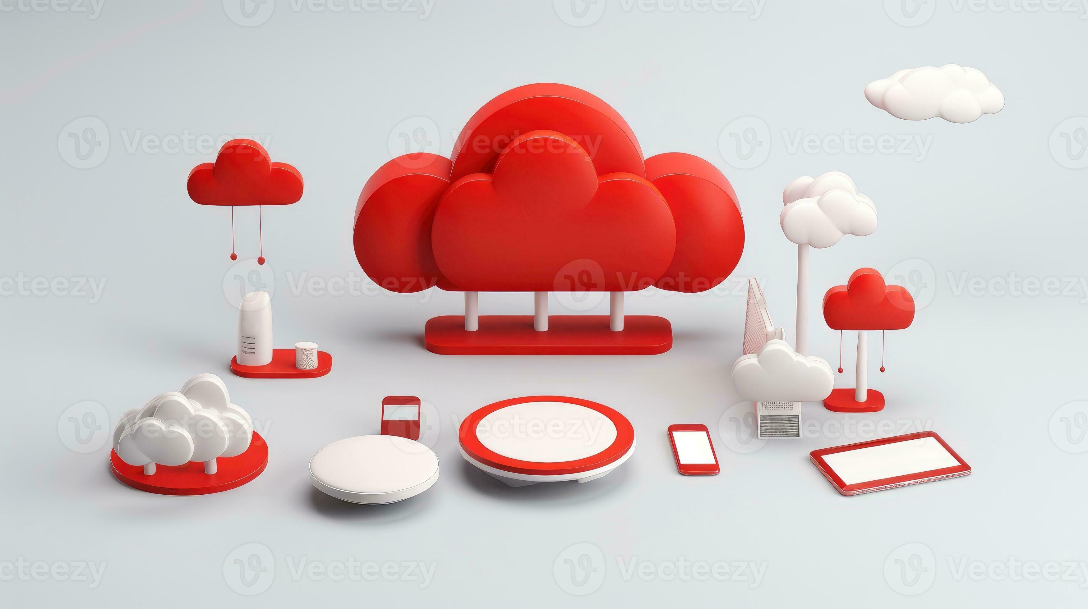3D red white cloud icon minimal style, cloud computing online service ...