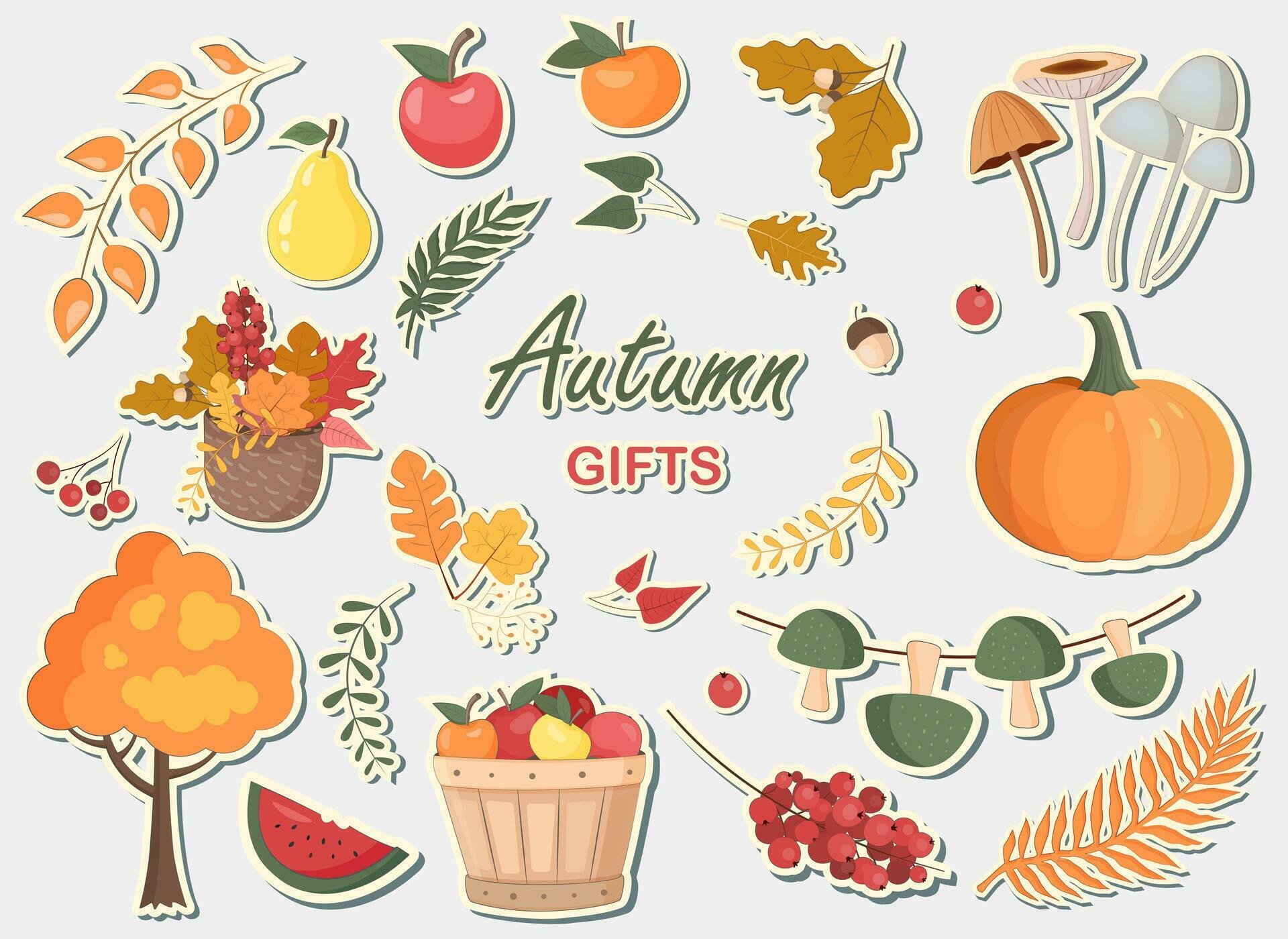 Vector collection with autumn stickers. Fall clipart set with leaves ...