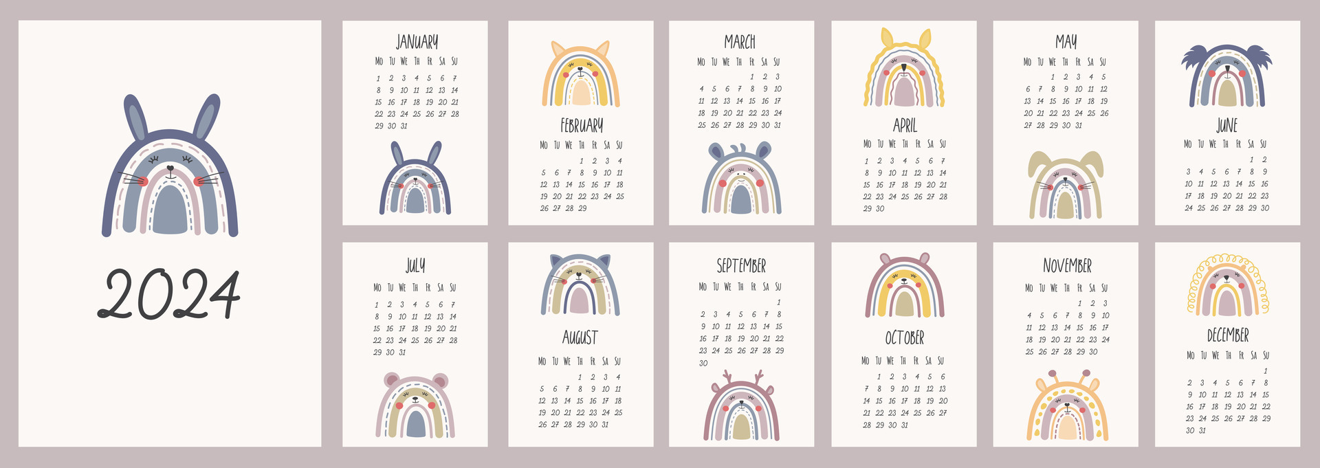 Calendar 2024 template. Monthly calendar 2024 with boho cute animals ...
