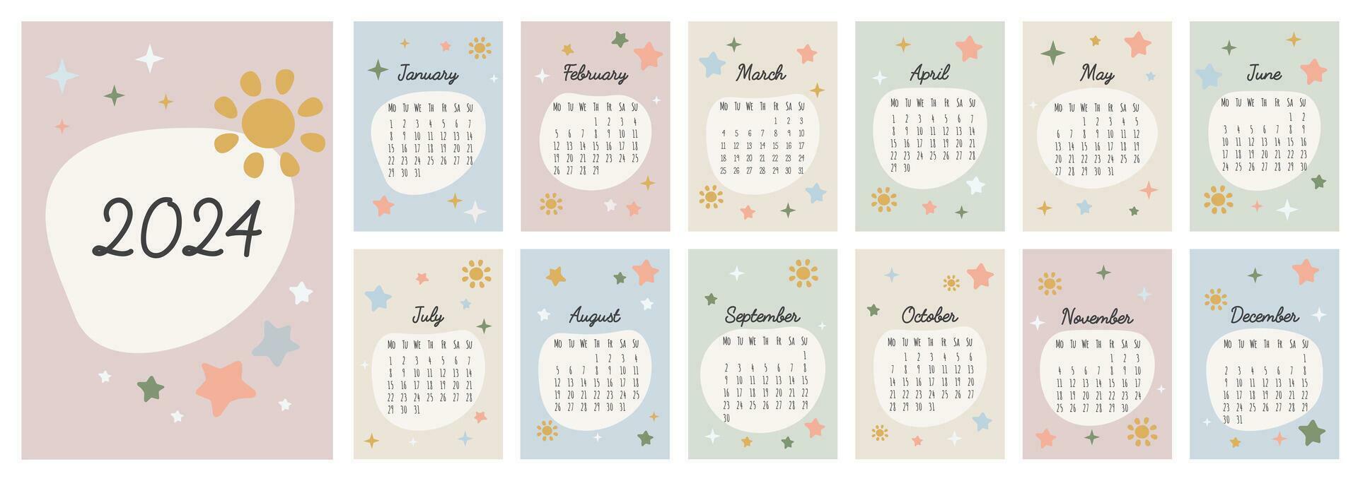 Calendar 2024 template. Monthly calendar 2024 with cute rainbows, stars ...