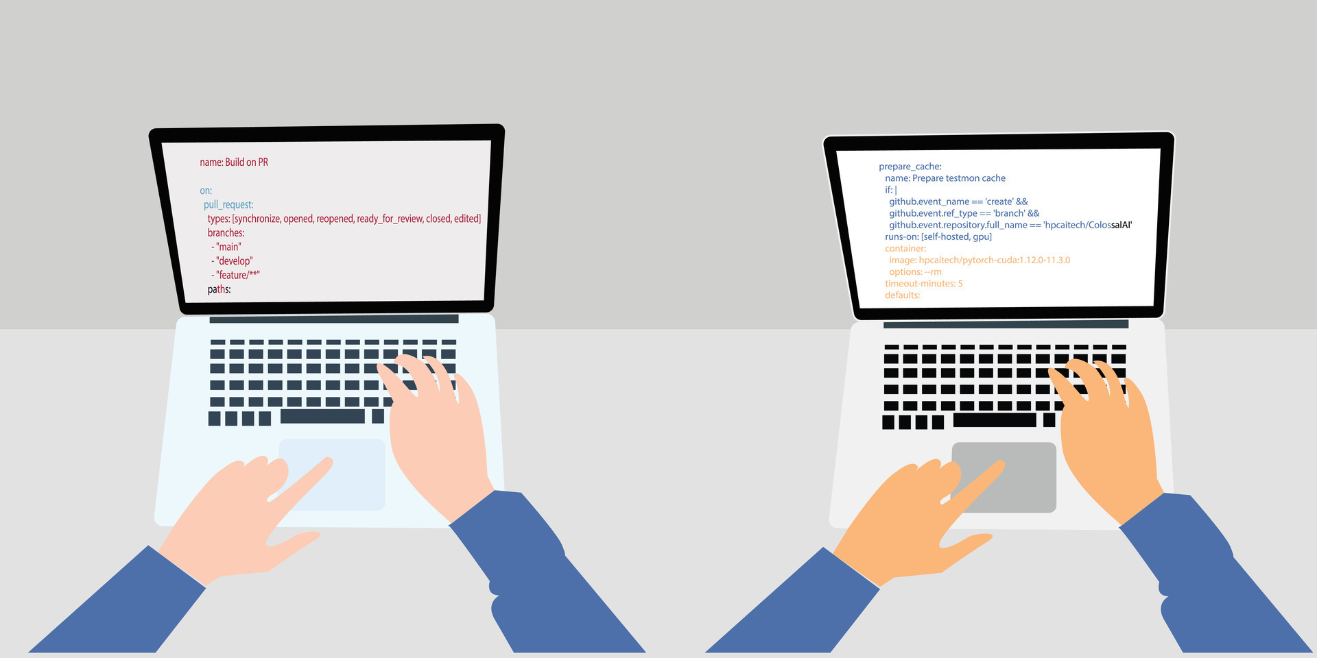 Working on pc laptop with program code on screen top view web ...