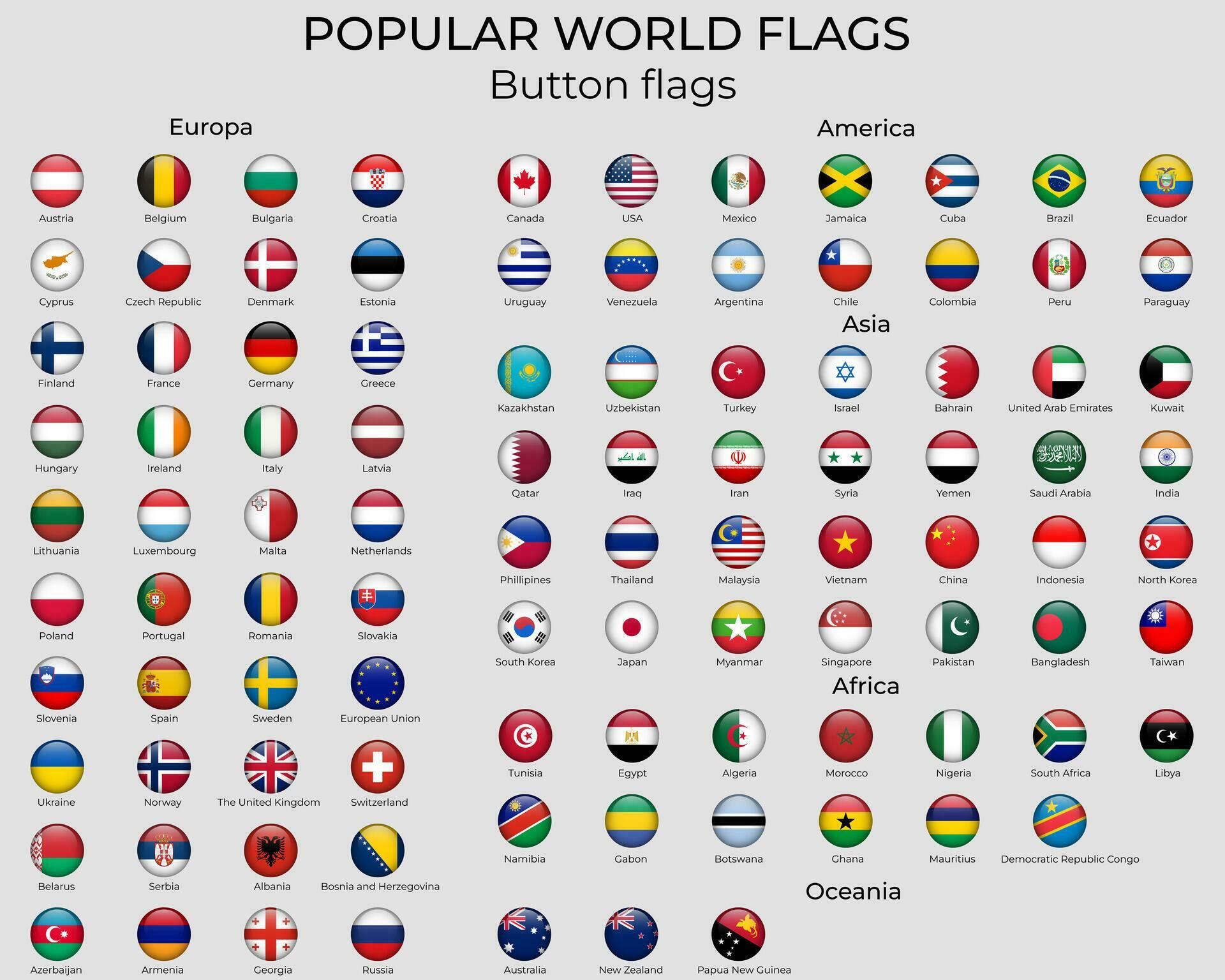 Vector round flags of the world. Button flags. Official RGB coloring. Popular world flags set ...