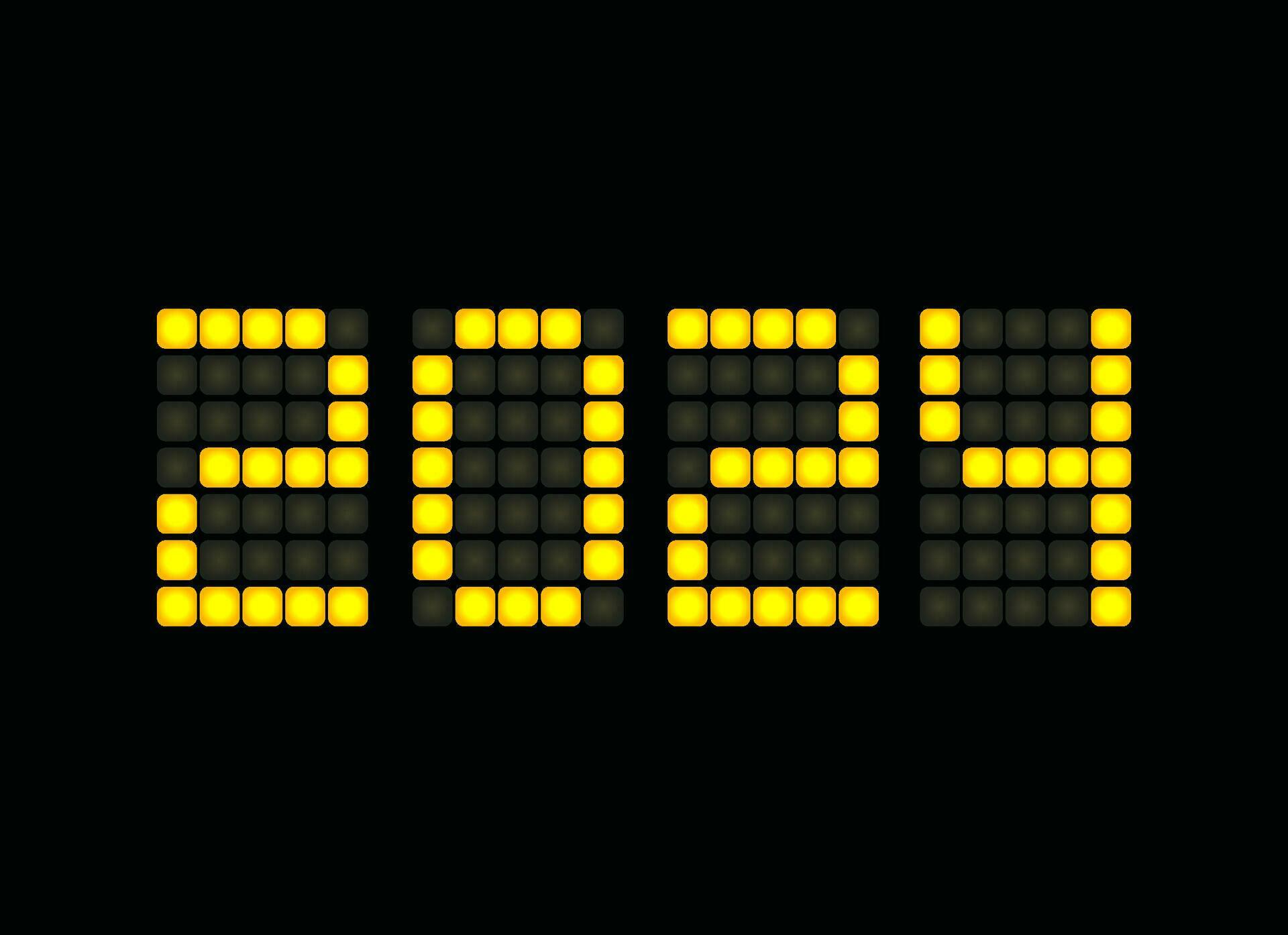Vibrant LED clock displaying 2024, bright yellow digits on a sleek ...