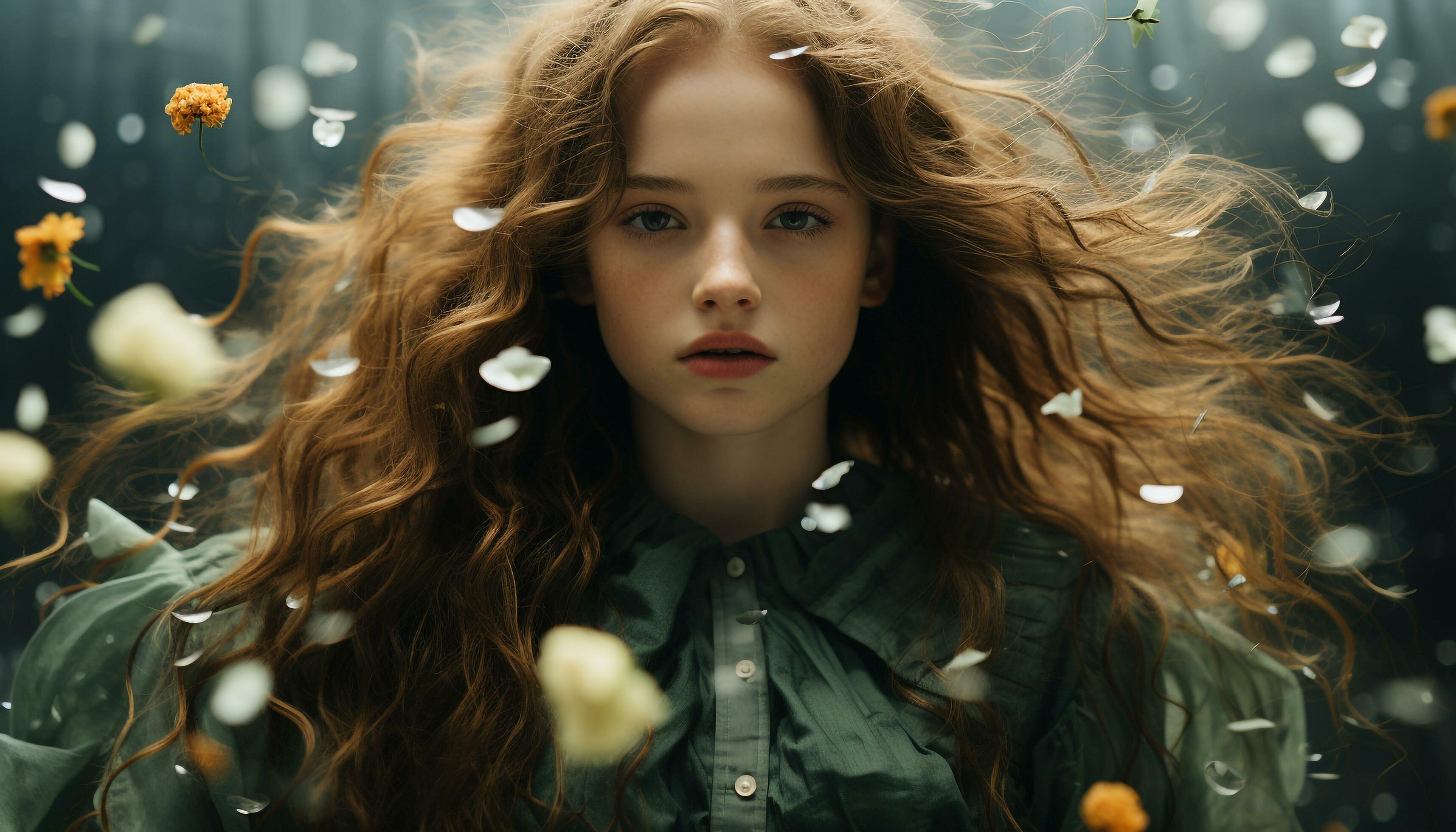 Young woman with long brown hair, looking at camera, smiling generated ...