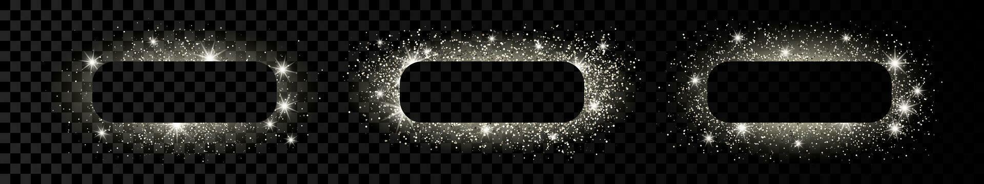 Set of three silver rounded rectangle frames with glitter, sparkles and flares on dark ...