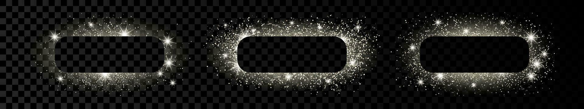 Set of three silver rounded rectangle frames with glitter, sparkles and flares on dark ...