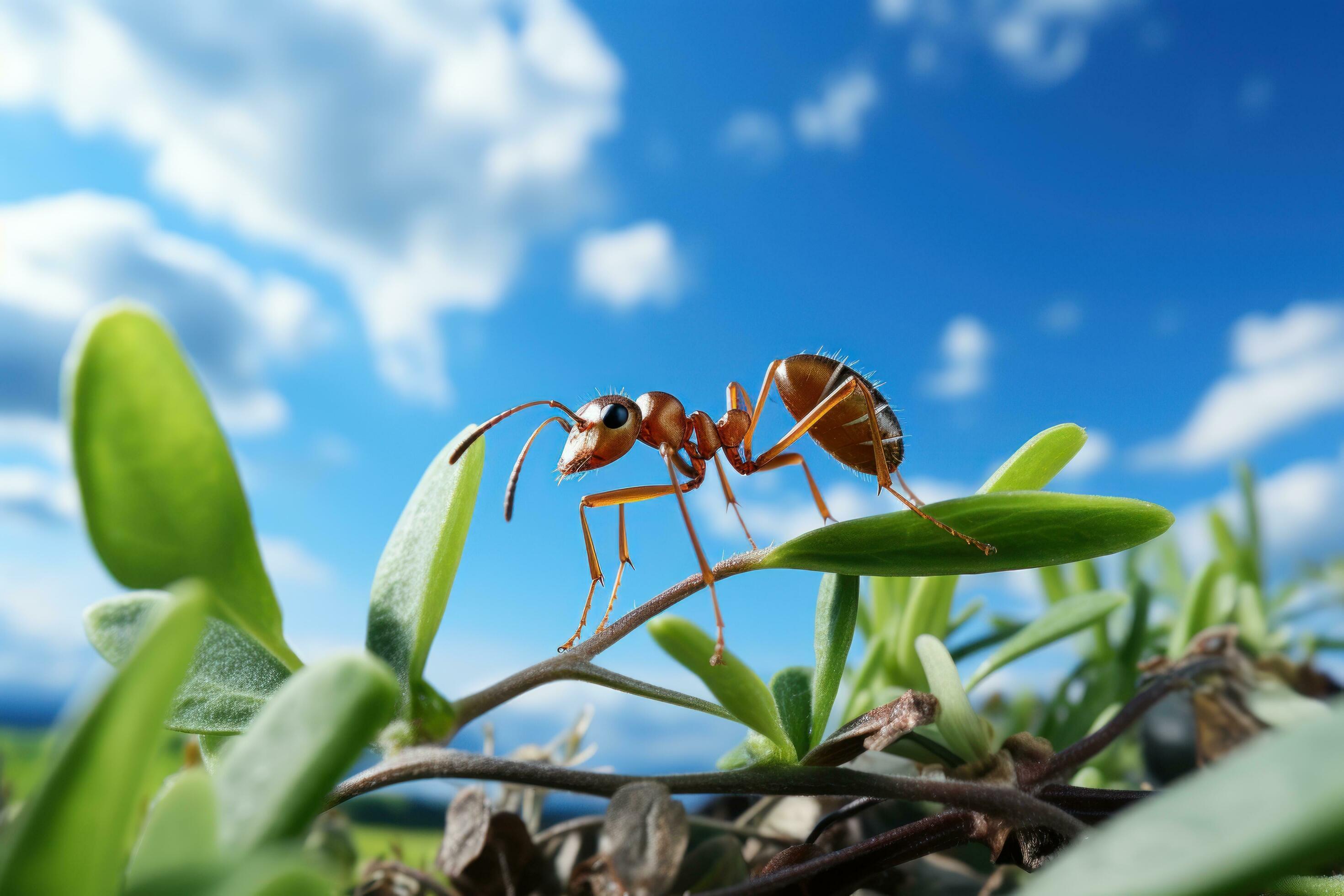 Close up Shot of Ant Finding Food on Leaf Cloudy Blue Sky Background ...