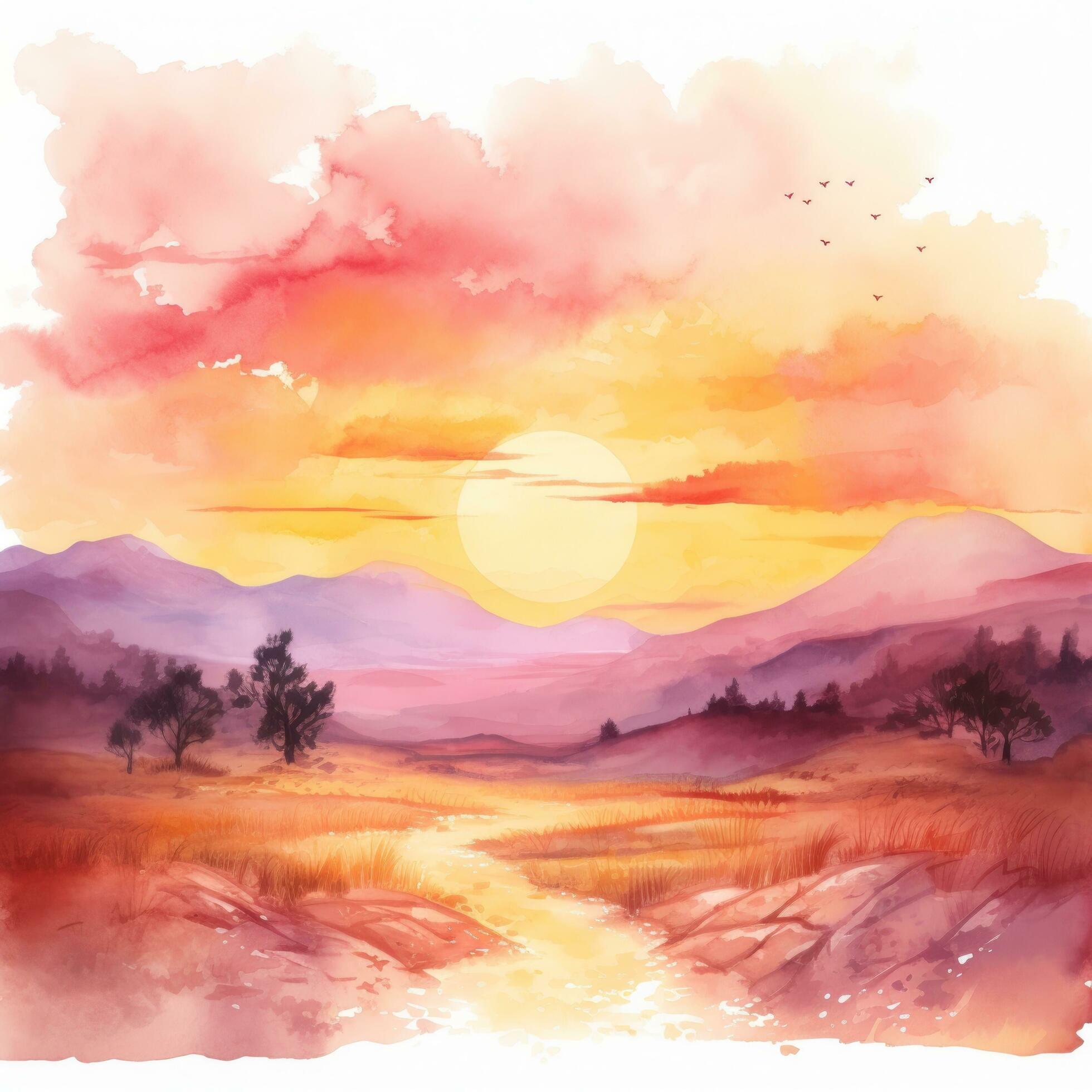 Pink and yellow watercolor sunset landscape 29773494 Stock Photo at ...