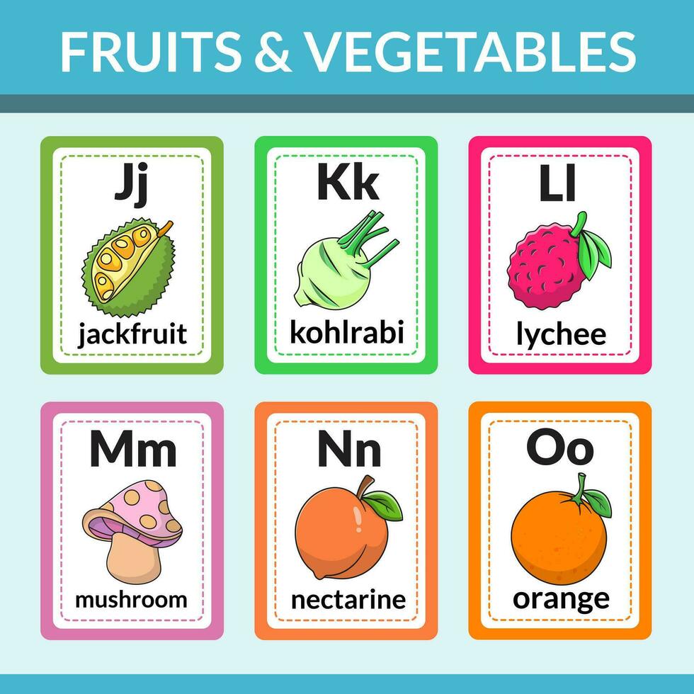 frutas y vegetales tarjetas didácticas para presentando alfabetos y vocabulario vector ...