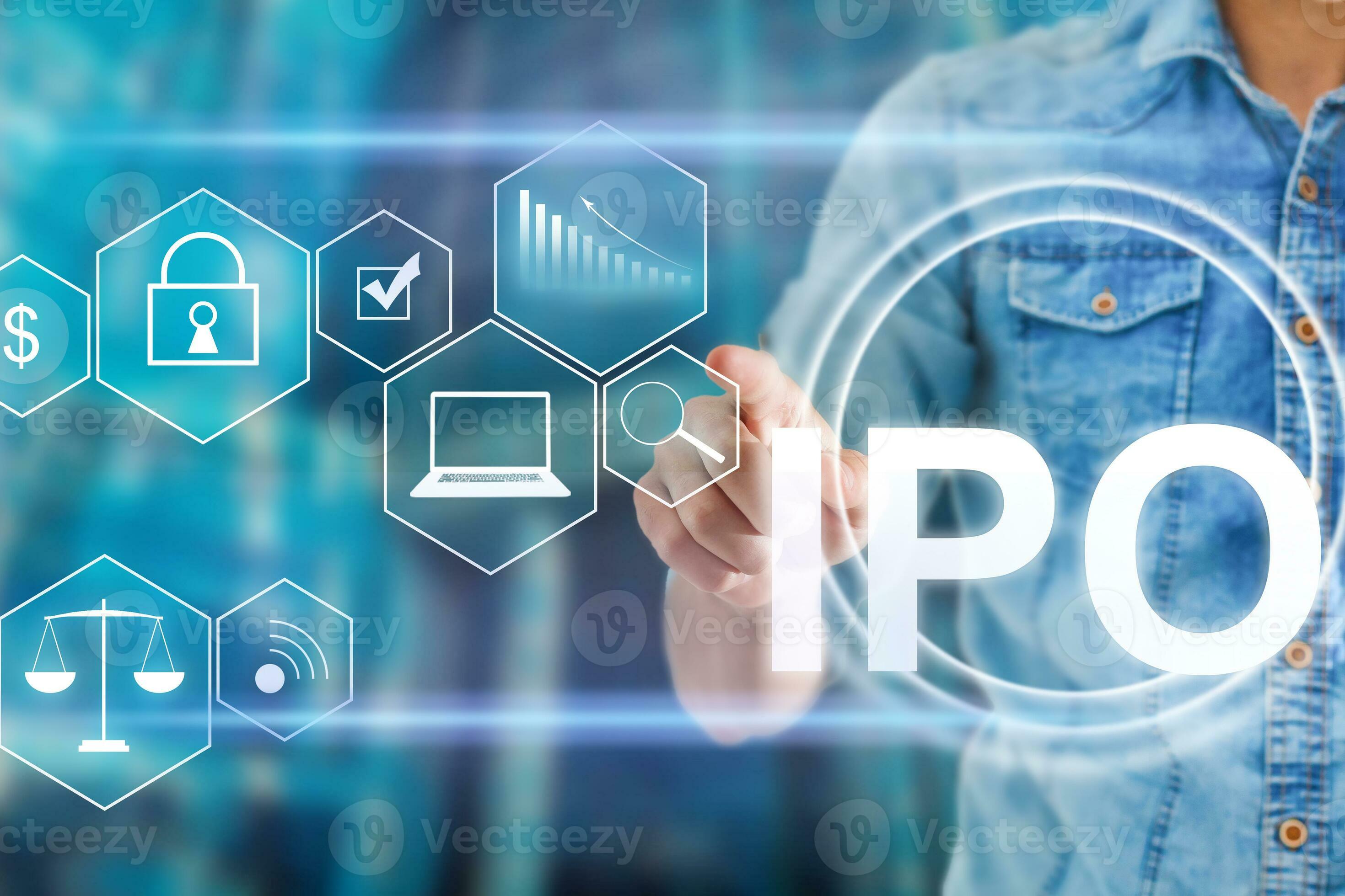 Businessman presses button ipo Initial Public Offering diagram online ... Businessman presses button ipo Initial Public Offering diagram online ...