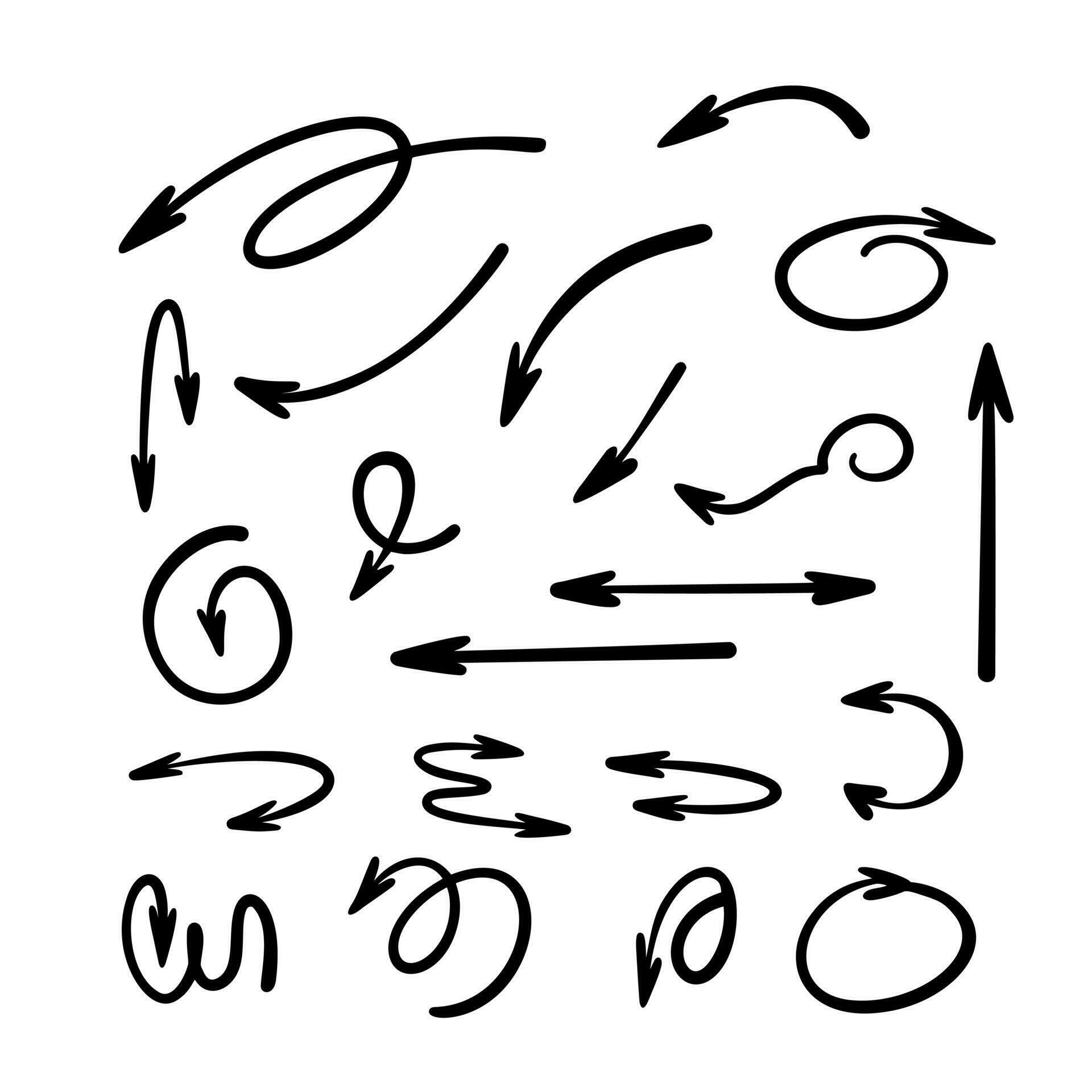 Arrows Set Simple Hand Drawn Vector Illustration Free Form Curved Straight Signs Pointing