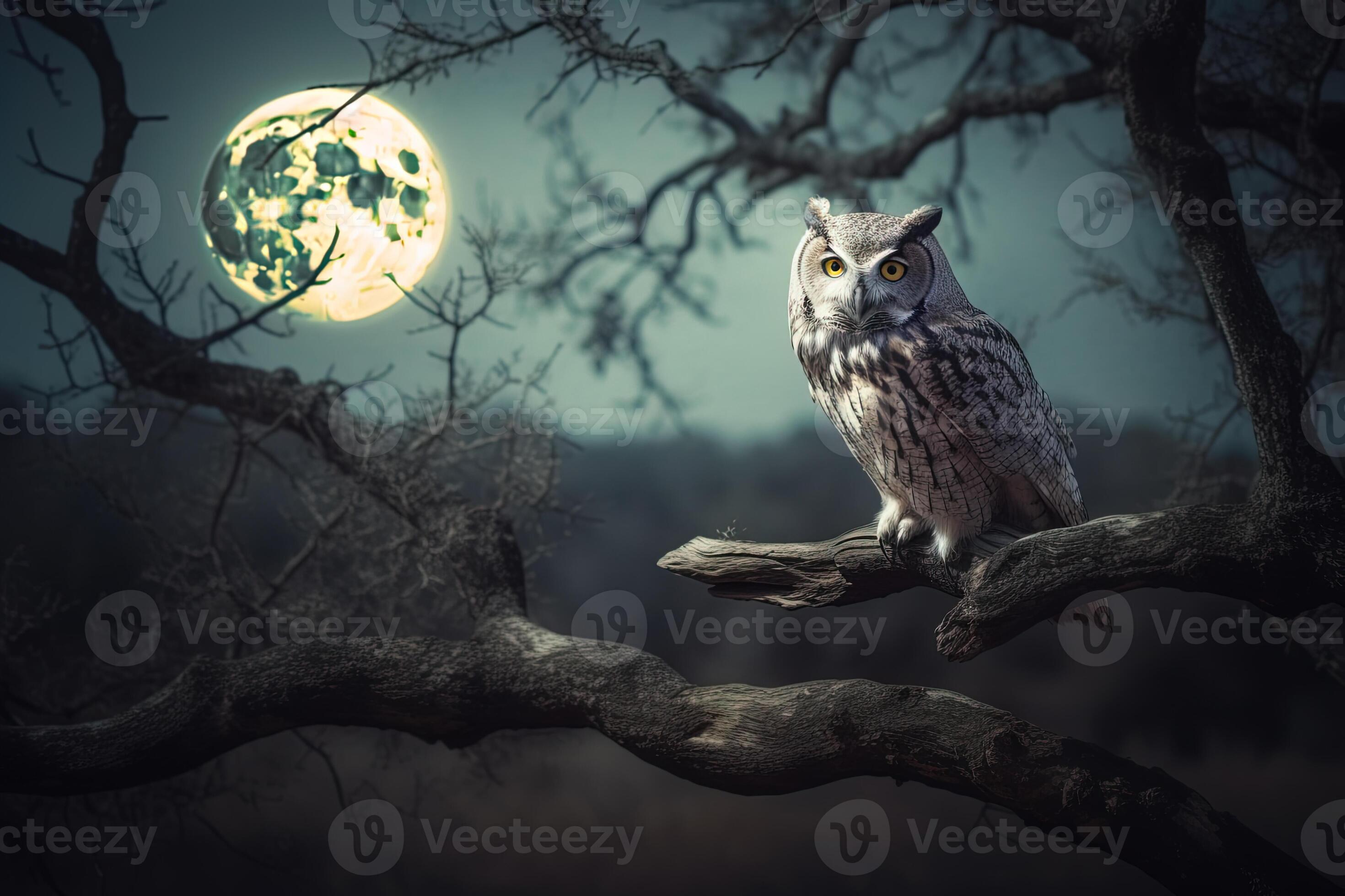 owl sits on a tree branch at night the full moon 29783277 Stock Photo at Vecteezy