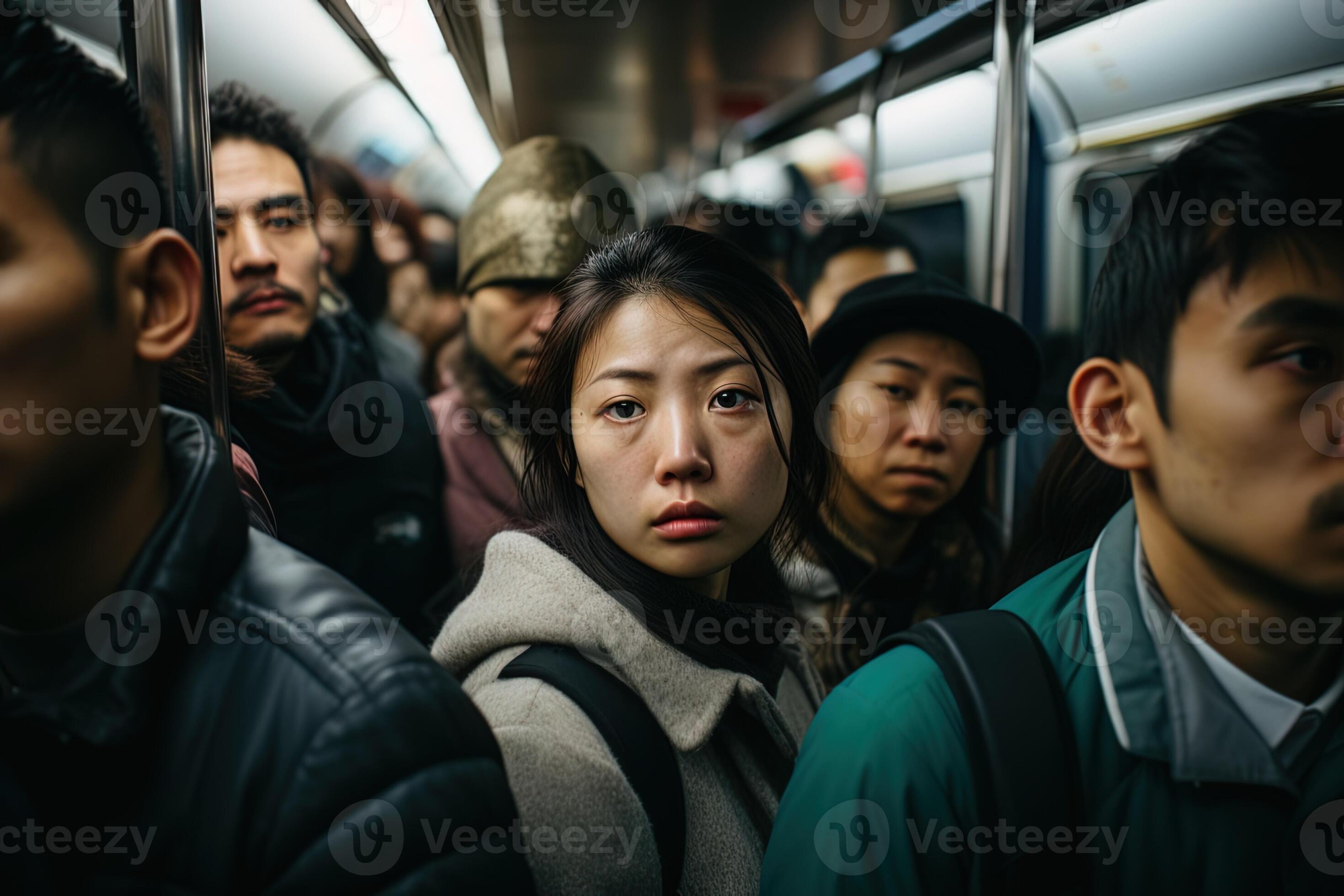 Sad tired Asian woman in a crowded subway train among a crowd of people 29784841 Stock Photo at ...