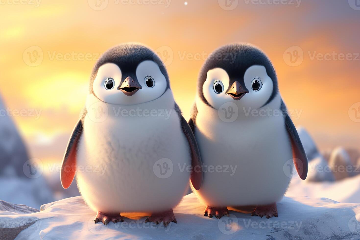 a couple of cute cartoon penguins are standing in the snow at sunset ...