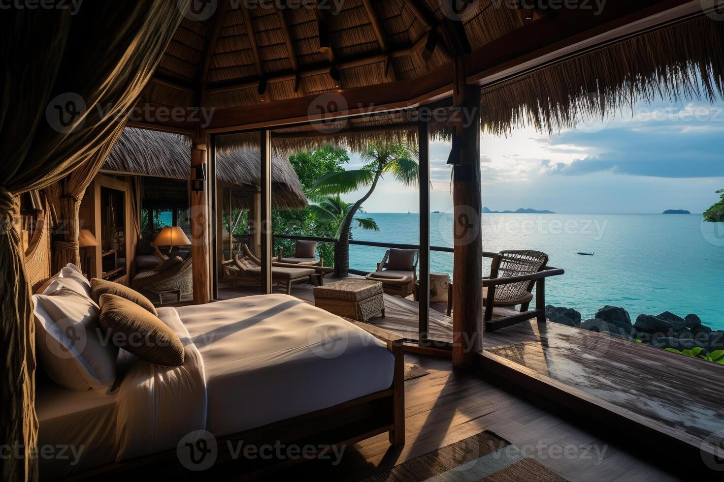 View of the bay from inside a hotel hut bedroom on a tropical island. Happy Vacation Concept ...