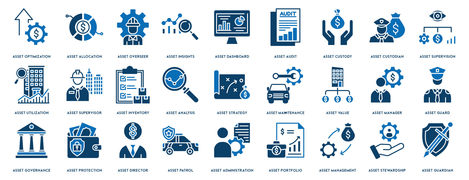 Asset management icon set. Contains such icons as audit, investment ... Asset management icon set. Contains such icons as audit, investment ...