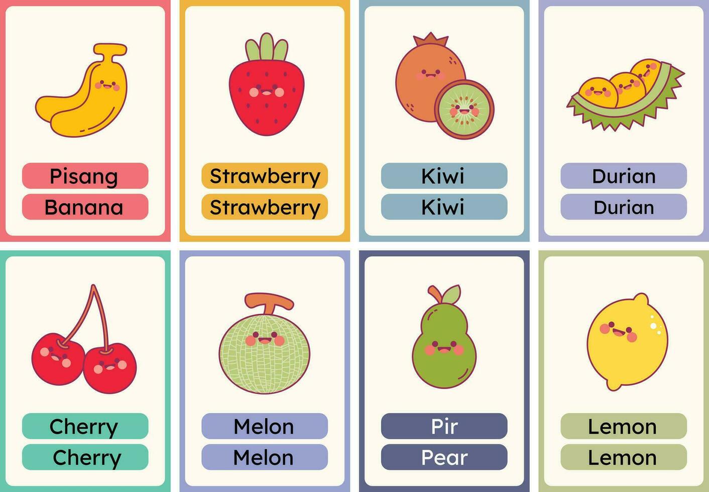 flat design vector cute fruits flashcard studying learn printable for ...