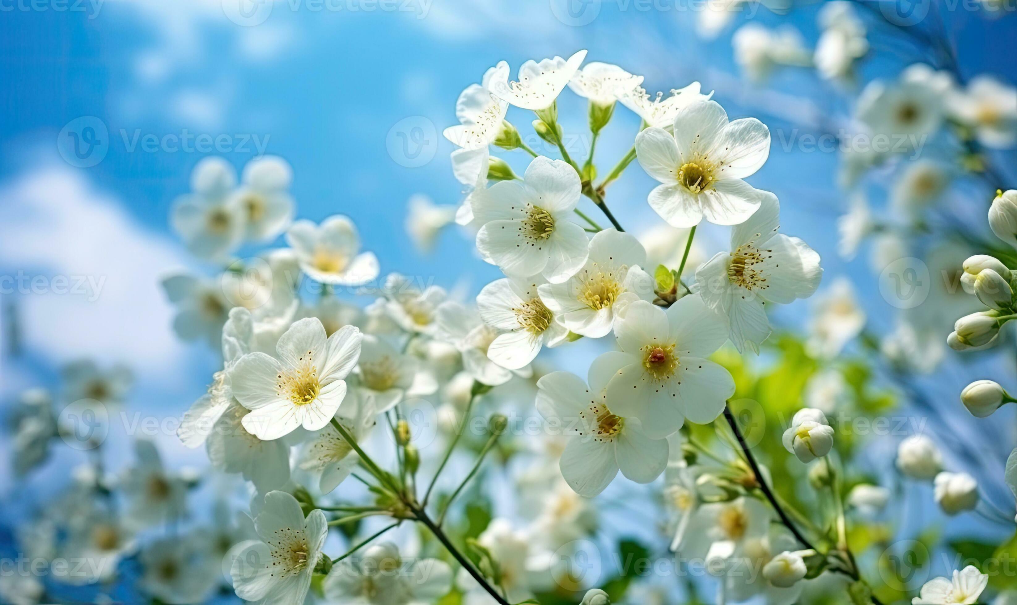Cherry blossoms on the background of the spring sky. Fruit tree flowers ...