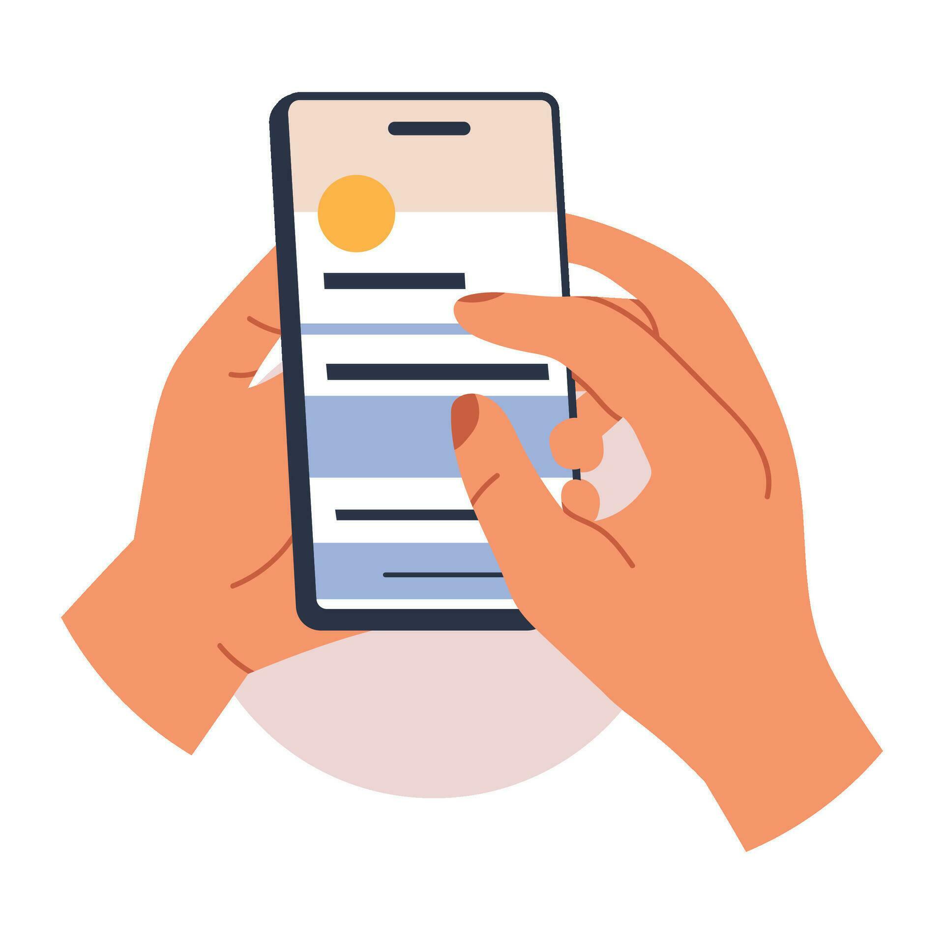 hands holding phone. Scrolling smartphone, app mail, application photo. cellphone camera. Flat ...