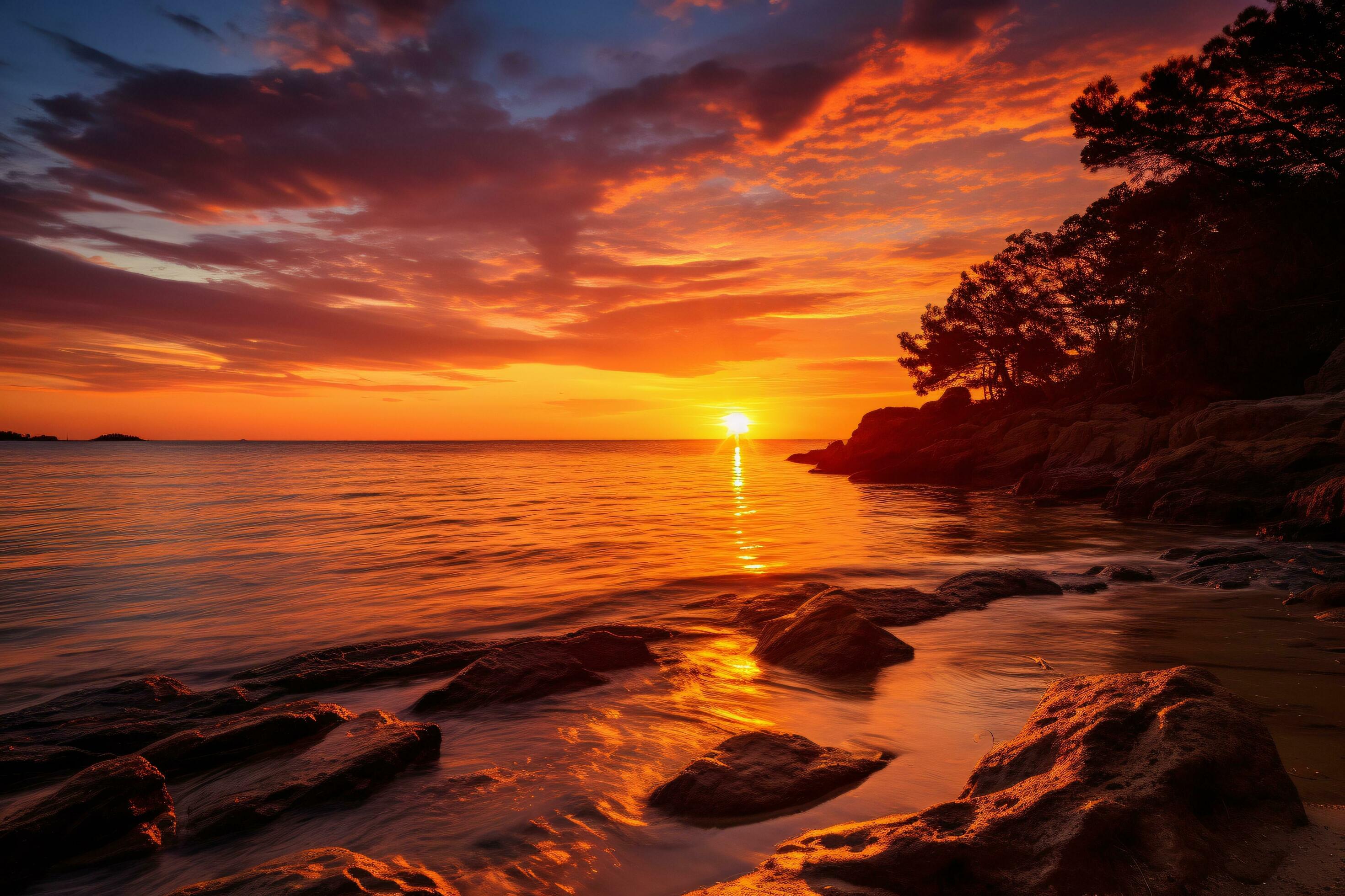 Beauty Of A Golden Sunset On A Quiet Beach With Warm Colors Reflected In The Calm Waters Ai