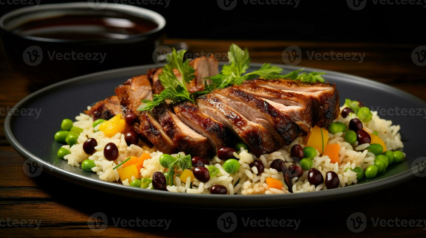 Photo Of Jerk Pork With Rice And Peas As A Dish In A High End Restaurant Generative Ai 29856976