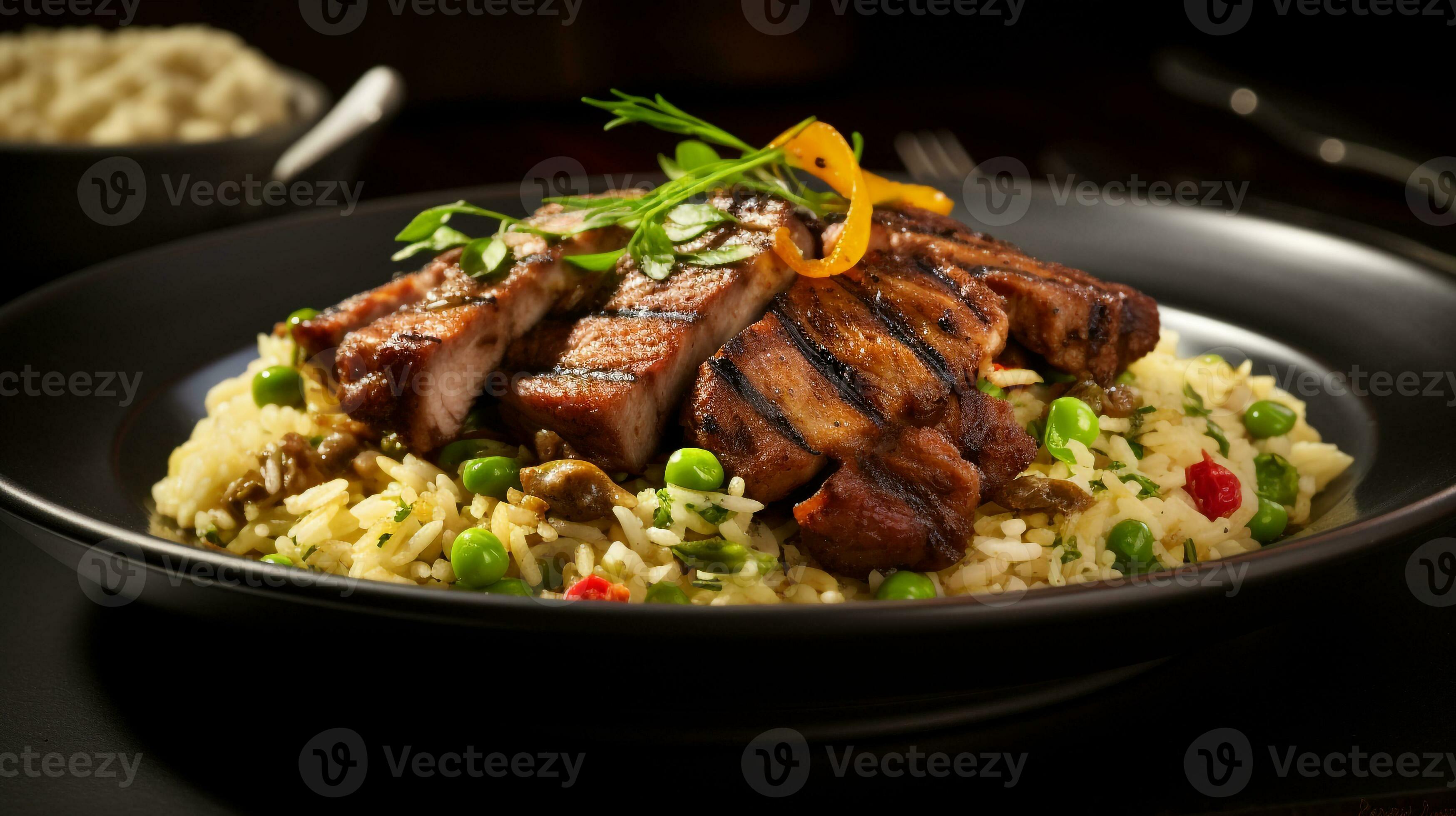 Photo Of Jerk Pork With Rice And Peas As A Dish In A High End Restaurant Generative Ai 29866535