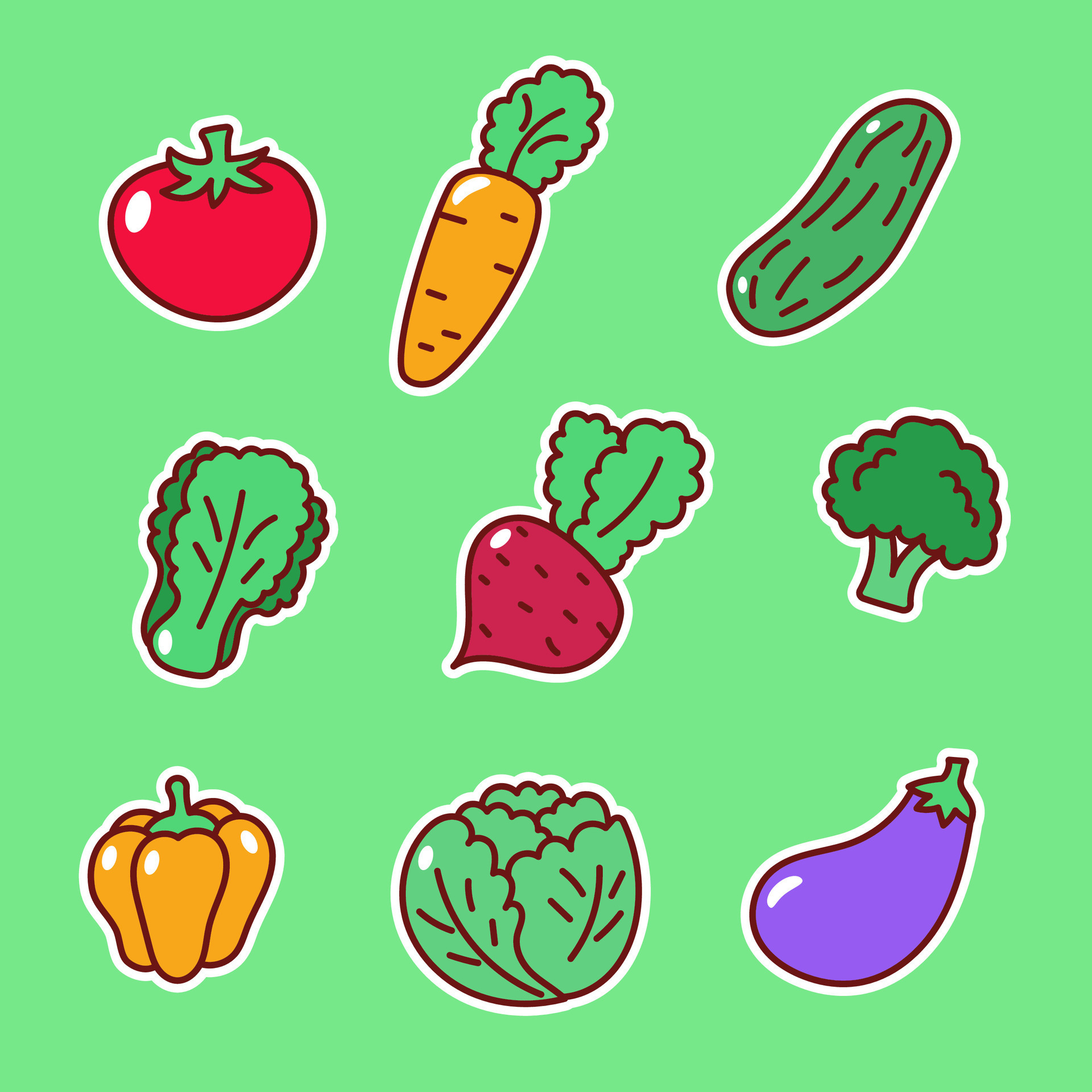 Set of vegetable vectors illustration with a cute design on green ...