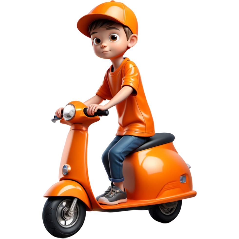 A Young Boy Riding An Orange Delivery Scooter. AI Generative 29881600 PNG