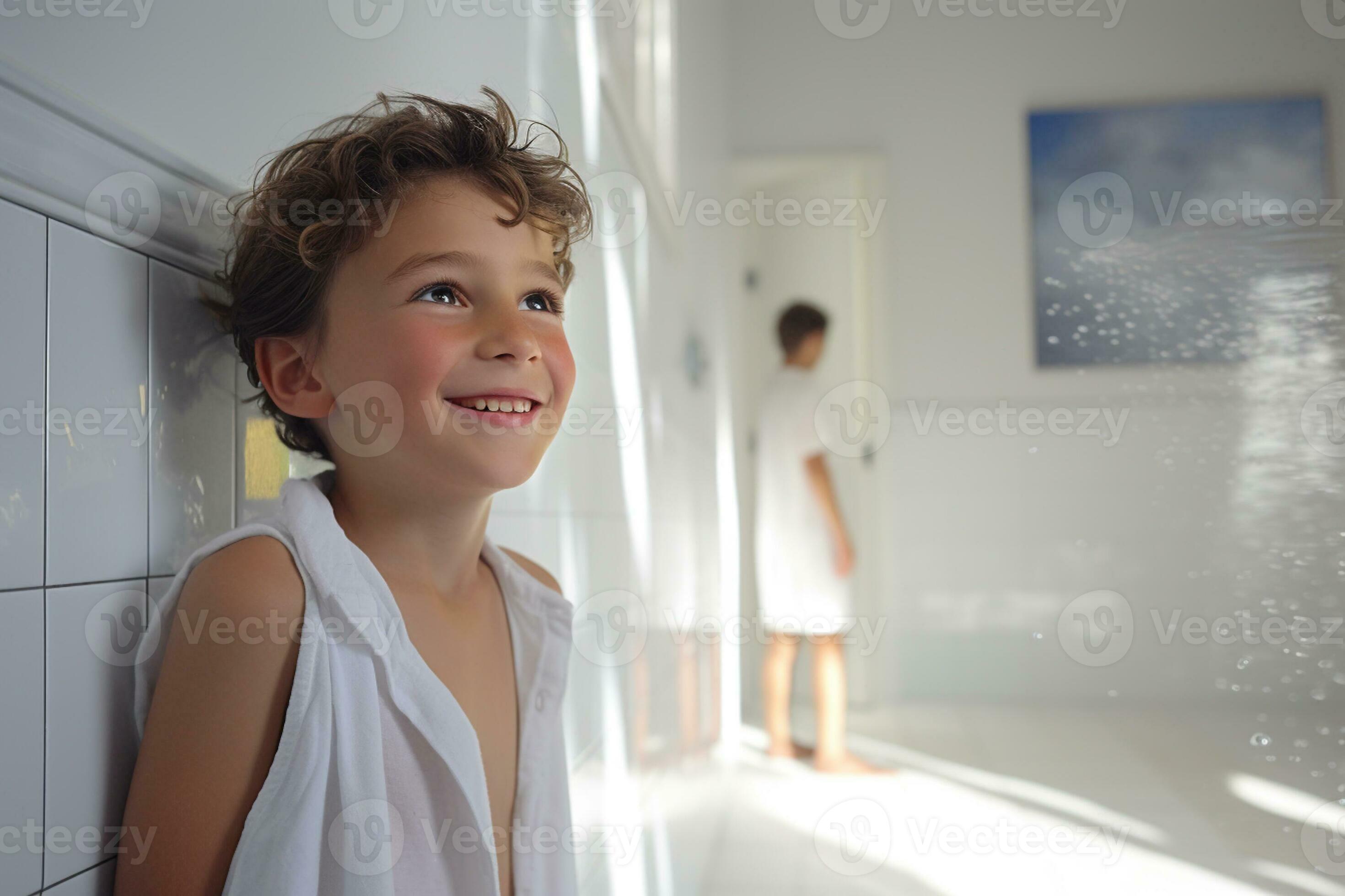 Smiling boy taking a shower in a white bathroom 29883572 Stock Photo at Vecteezy