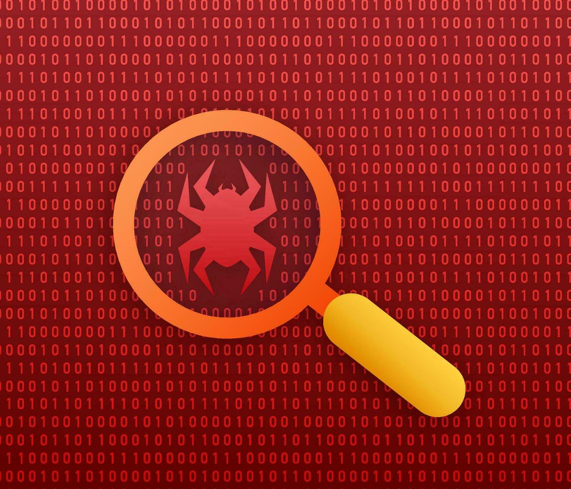 Search, find bugs and virus. Magnifying Glass scanning. Antivirus protection. Vector stock ...