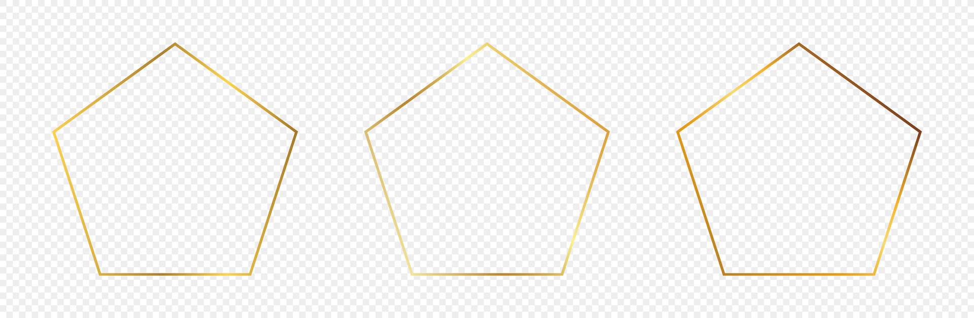 Set of three gold glowing pentagon shape frames isolated on background. Shiny frame with glowing ...
