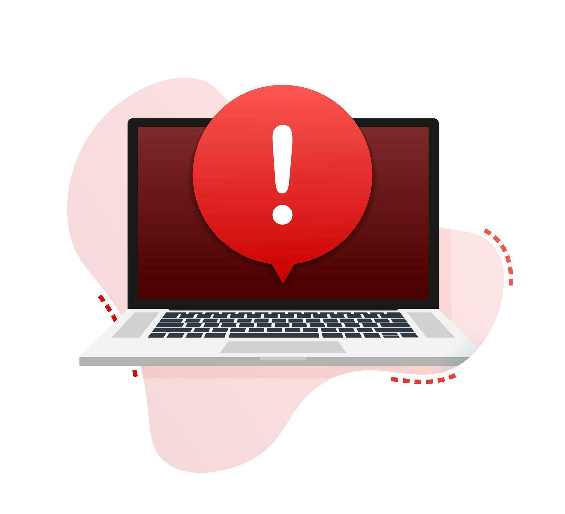 Alert message laptop notification. Danger error alerts, laptop virus problem or insecure ...