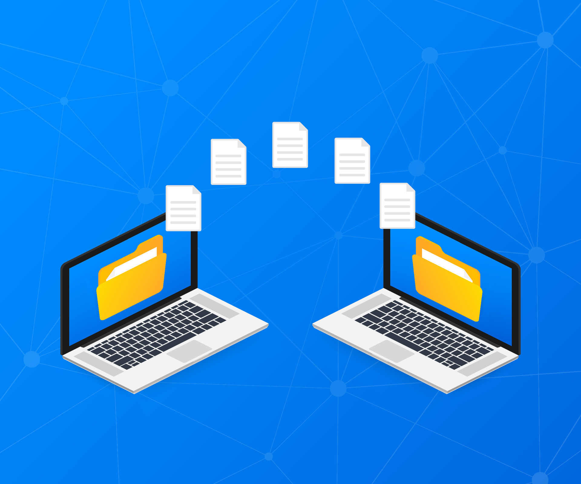 File transfer. laptops with folders on screen and transferred documents. Copy files, data ...
