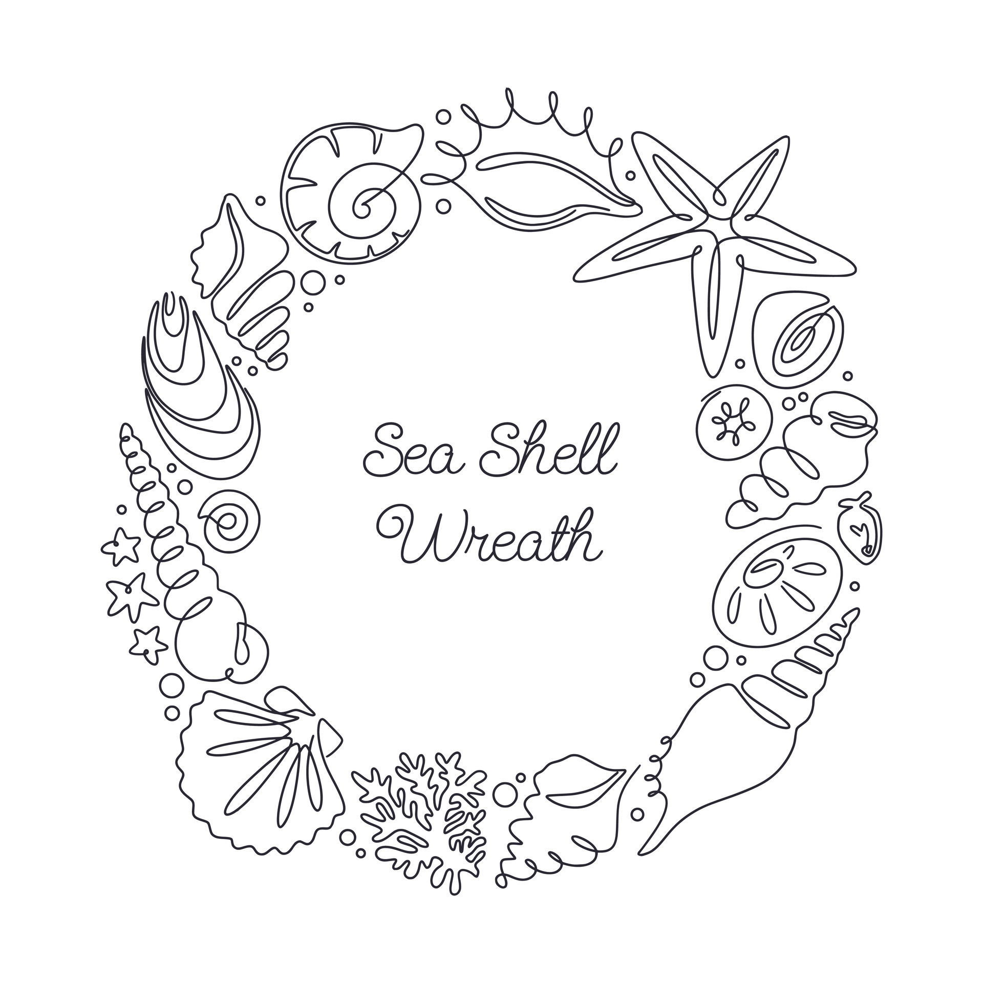 Monochrome Seashells Wreath One Line With Endless Infinite Contour