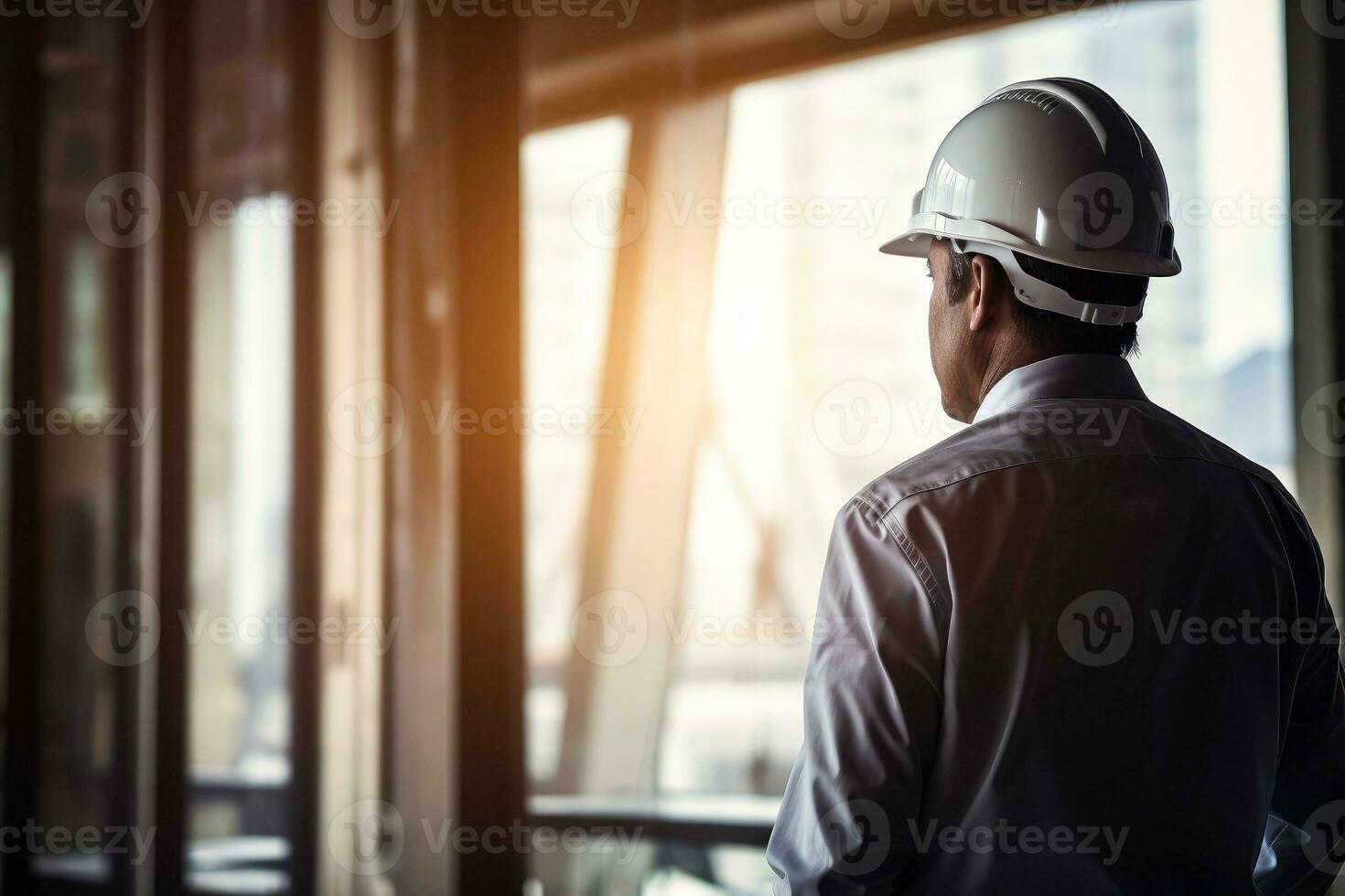Engineering wearing hardhat with blurred site construction building background, Generative AI ...