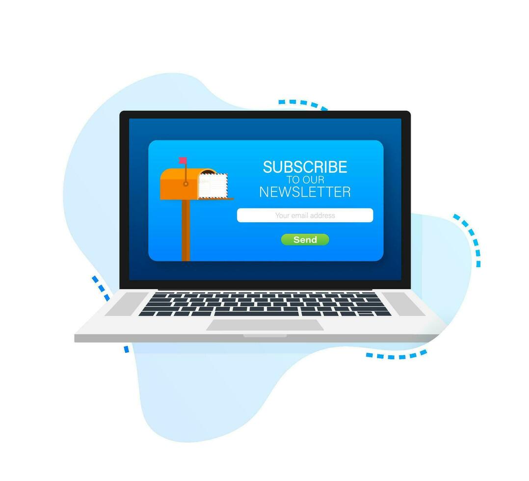 Email subscribe on laptop screen, online newsletter vector template with mailbox and submit ...