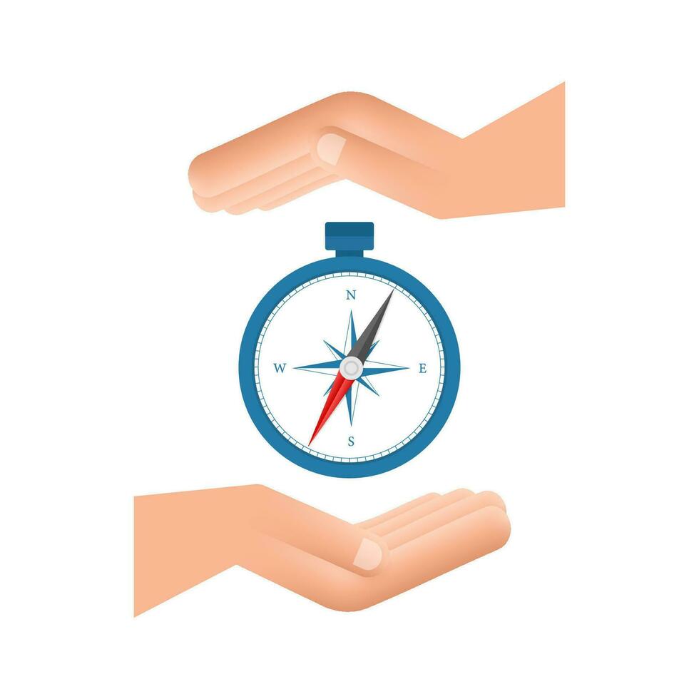 Compass Icon Over Hands On White Background Flat Vector Navigation