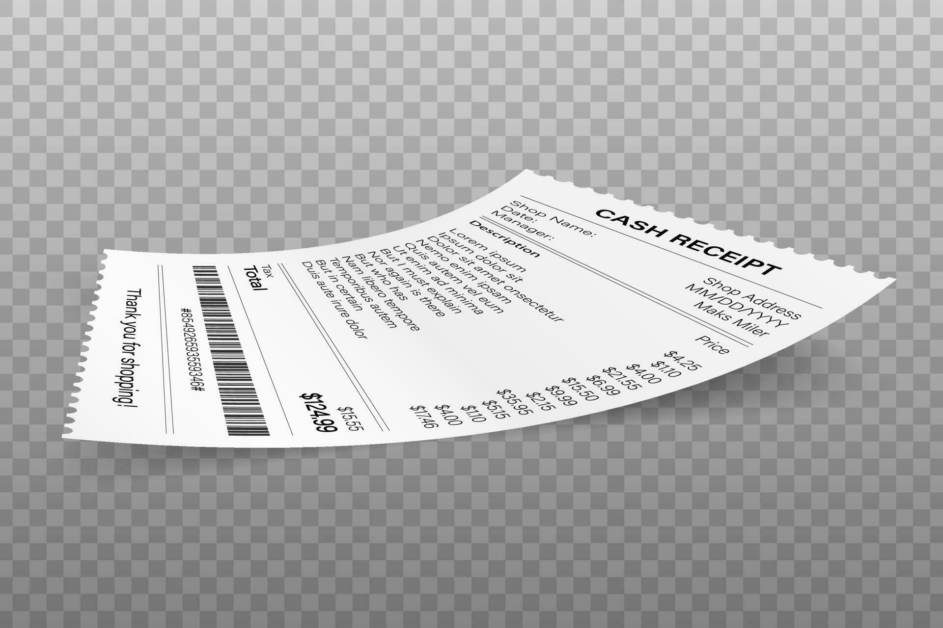 Receipts vector illustration of realistic payment paper bills for cash or credit card ...