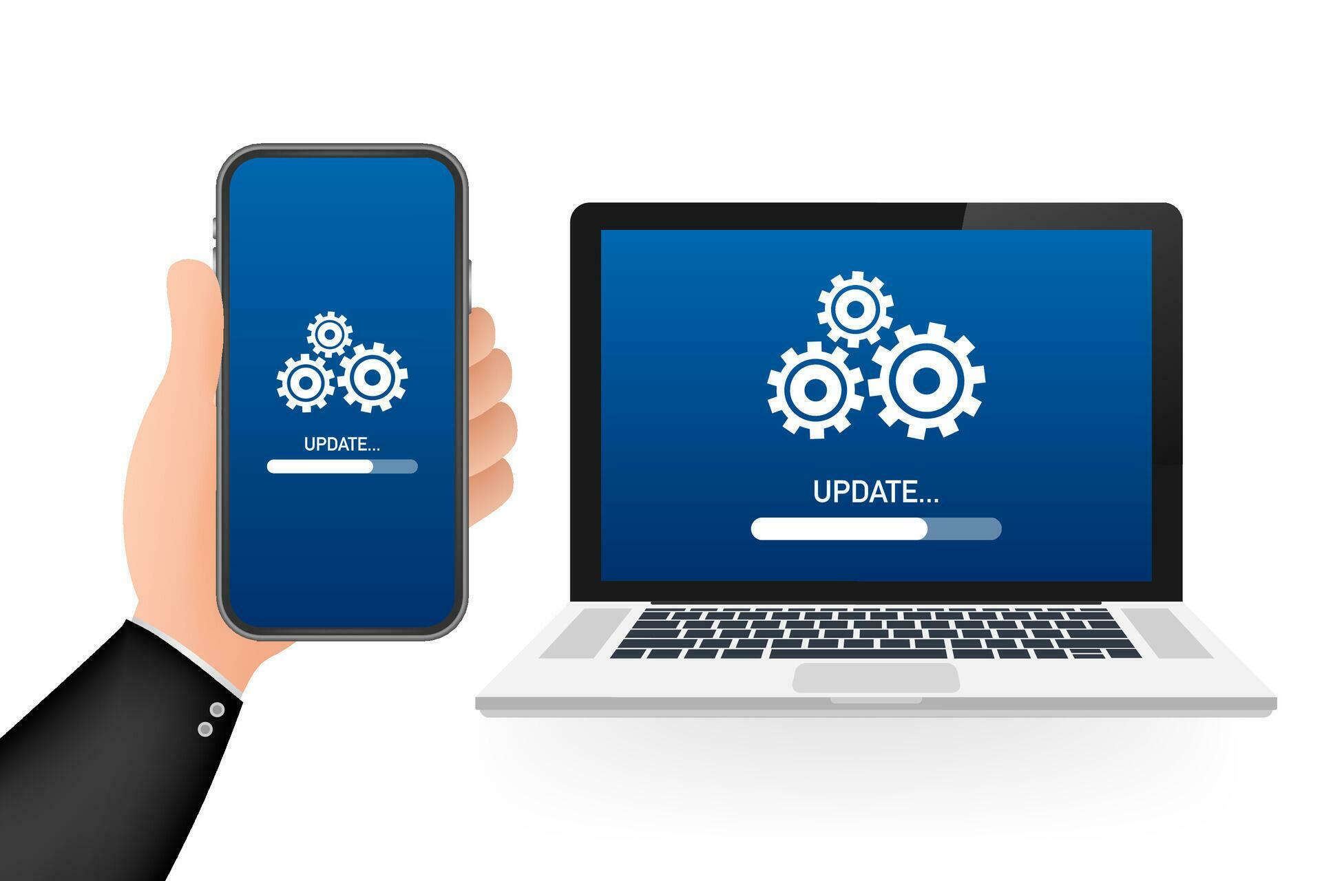 System software update, data update or synchronize with progress bar on the screen. Vector ...