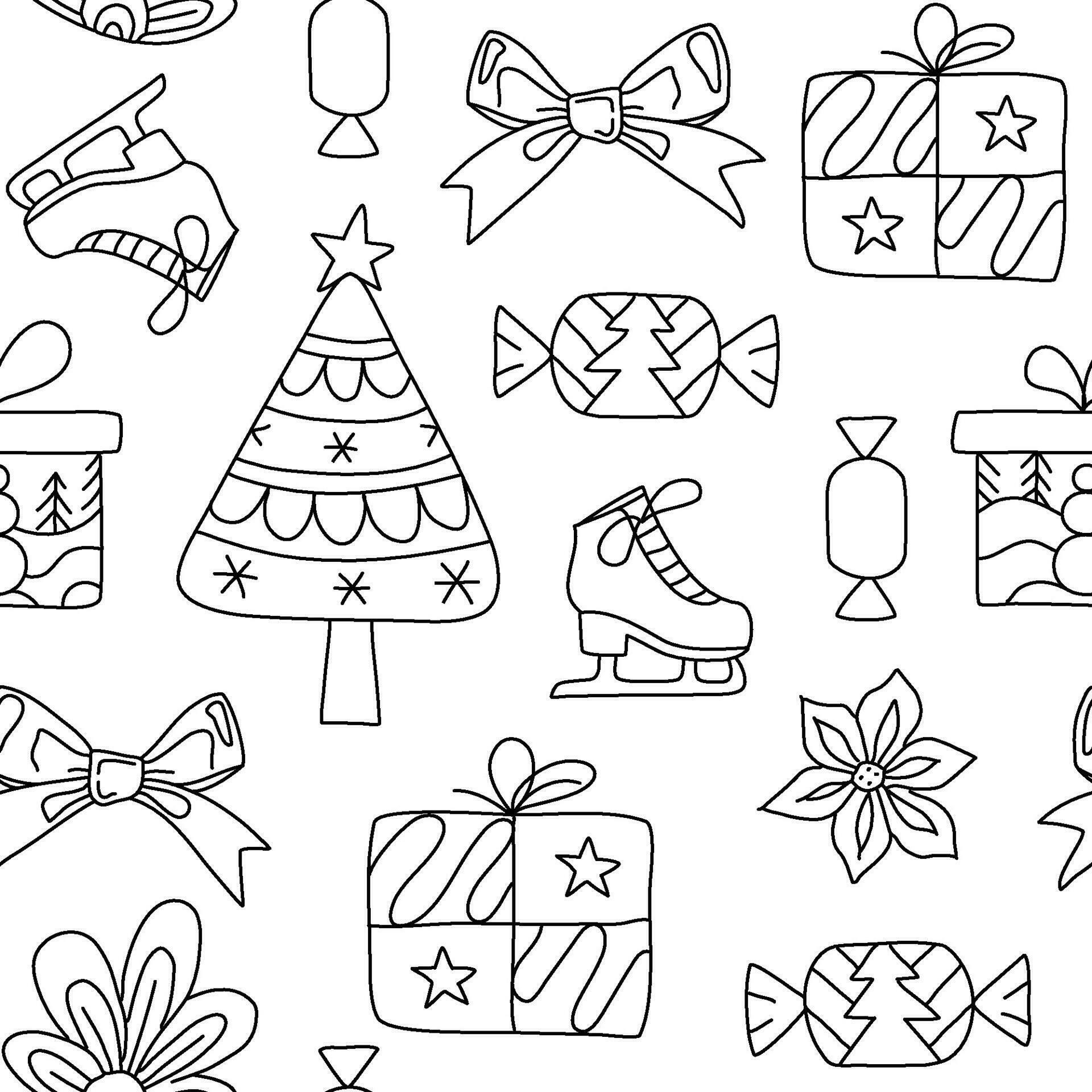 New Year, Christmas seamless pattern. Hand drawing coloring page for ...