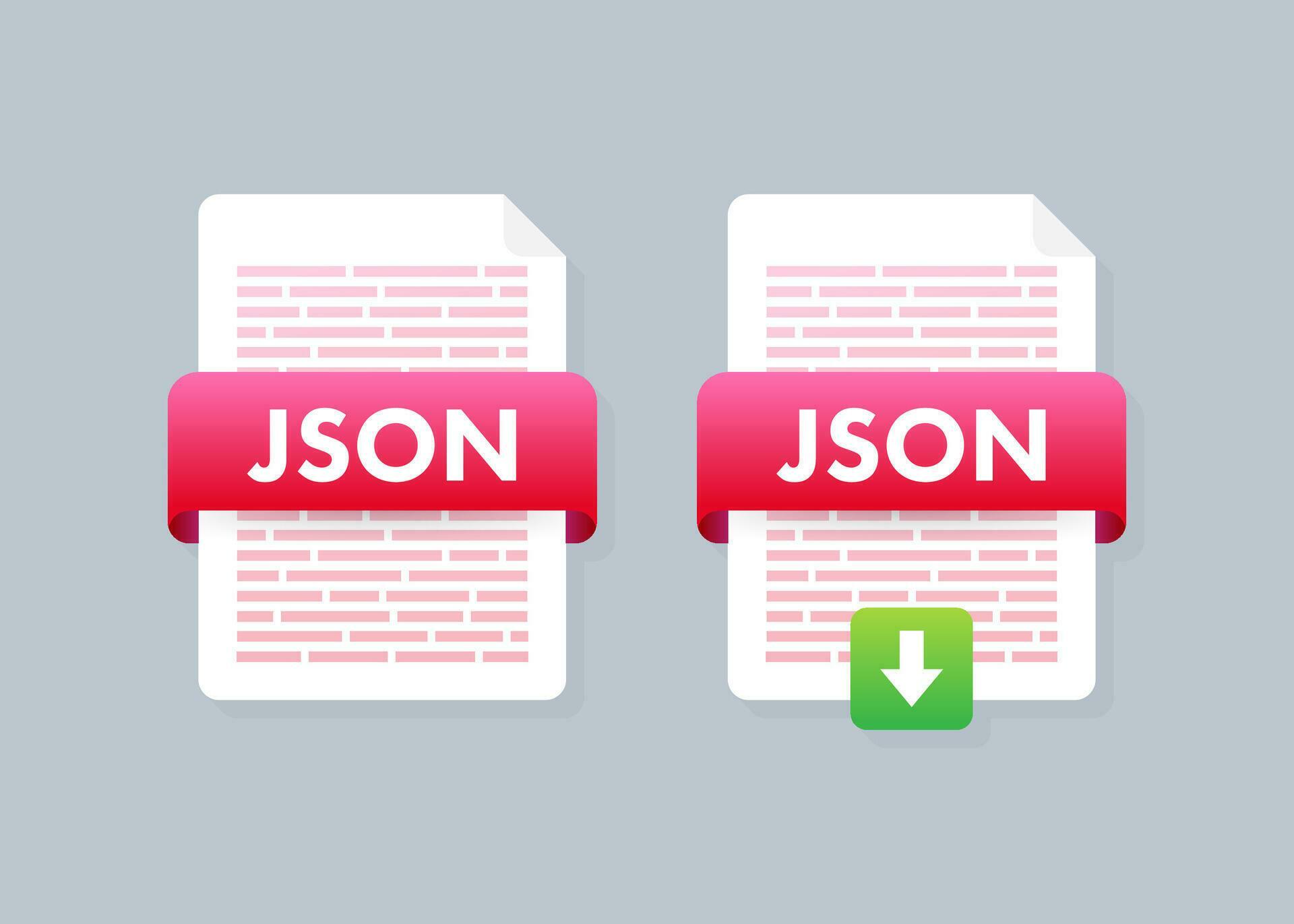 Download JSON button. Downloading document concept. File with JSON label and down arrow sign ...